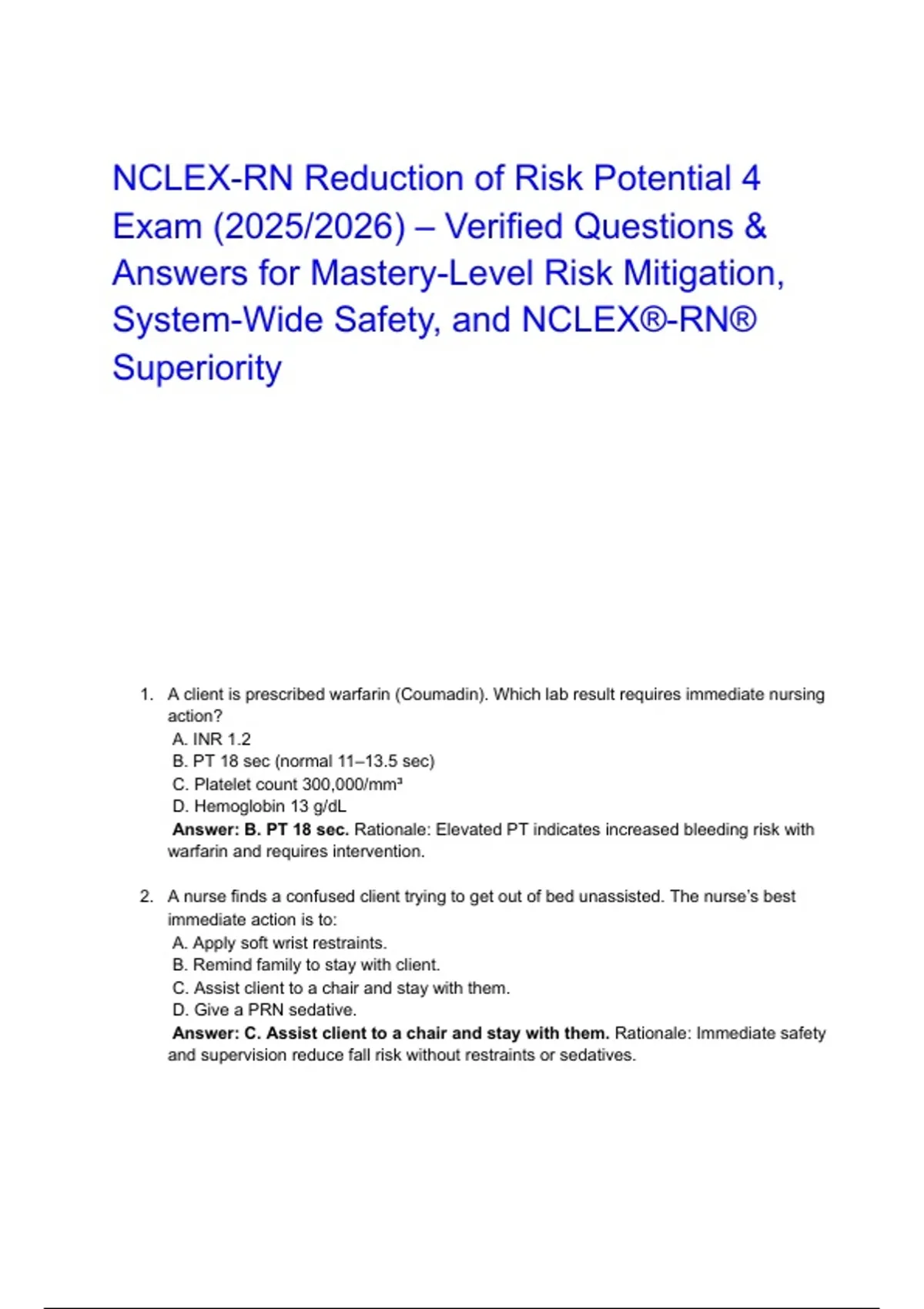 NCLEX-RN Reduction of Risk Potential 4 Exam (2025/2026) – Verified ...