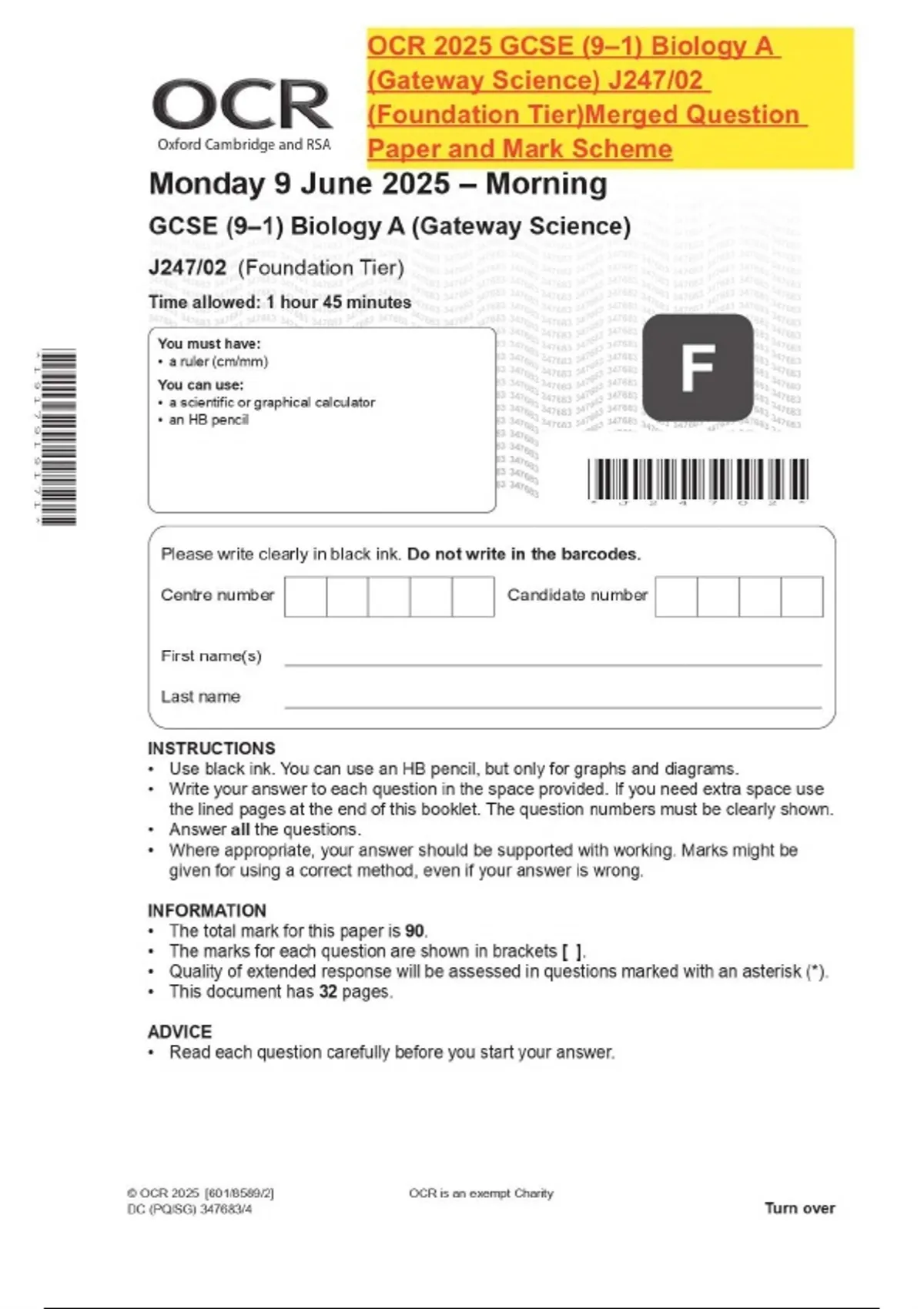 OCR 2025 GCSE (9–1) Biology A (Gateway Science) J247/02 (Foundation Tier) Merged Question Paper ...