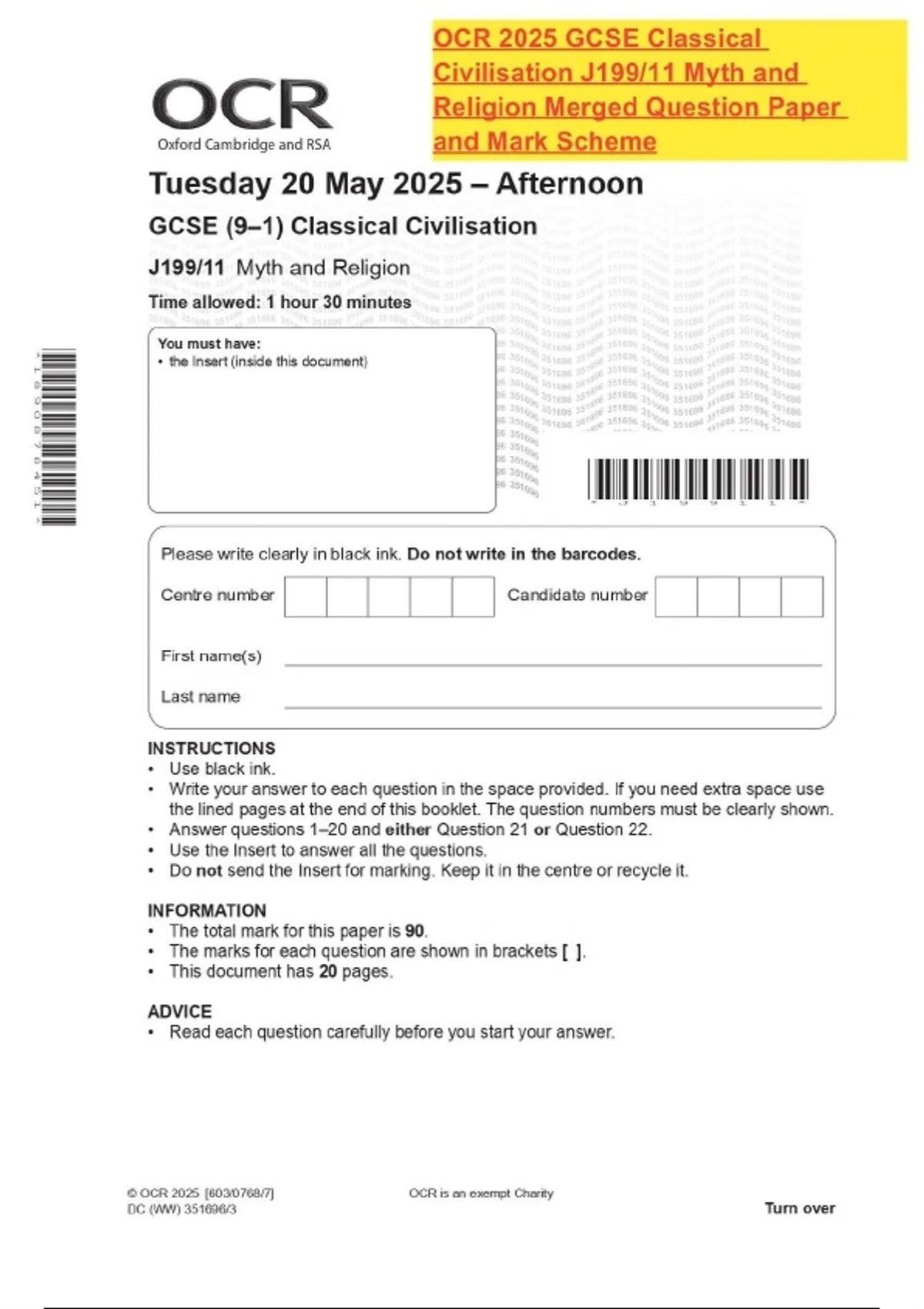 OCR 2025 GCSE Classical Civilisation J199/11 Myth and Religion Merged ...