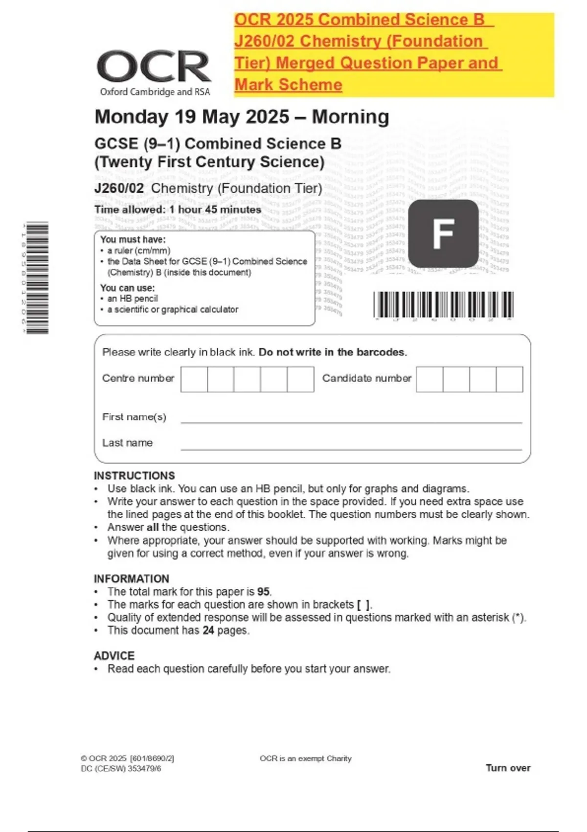 OCR 2025 Combined Science B J260/02 Chemistry (Foundation Tier) Merged ...