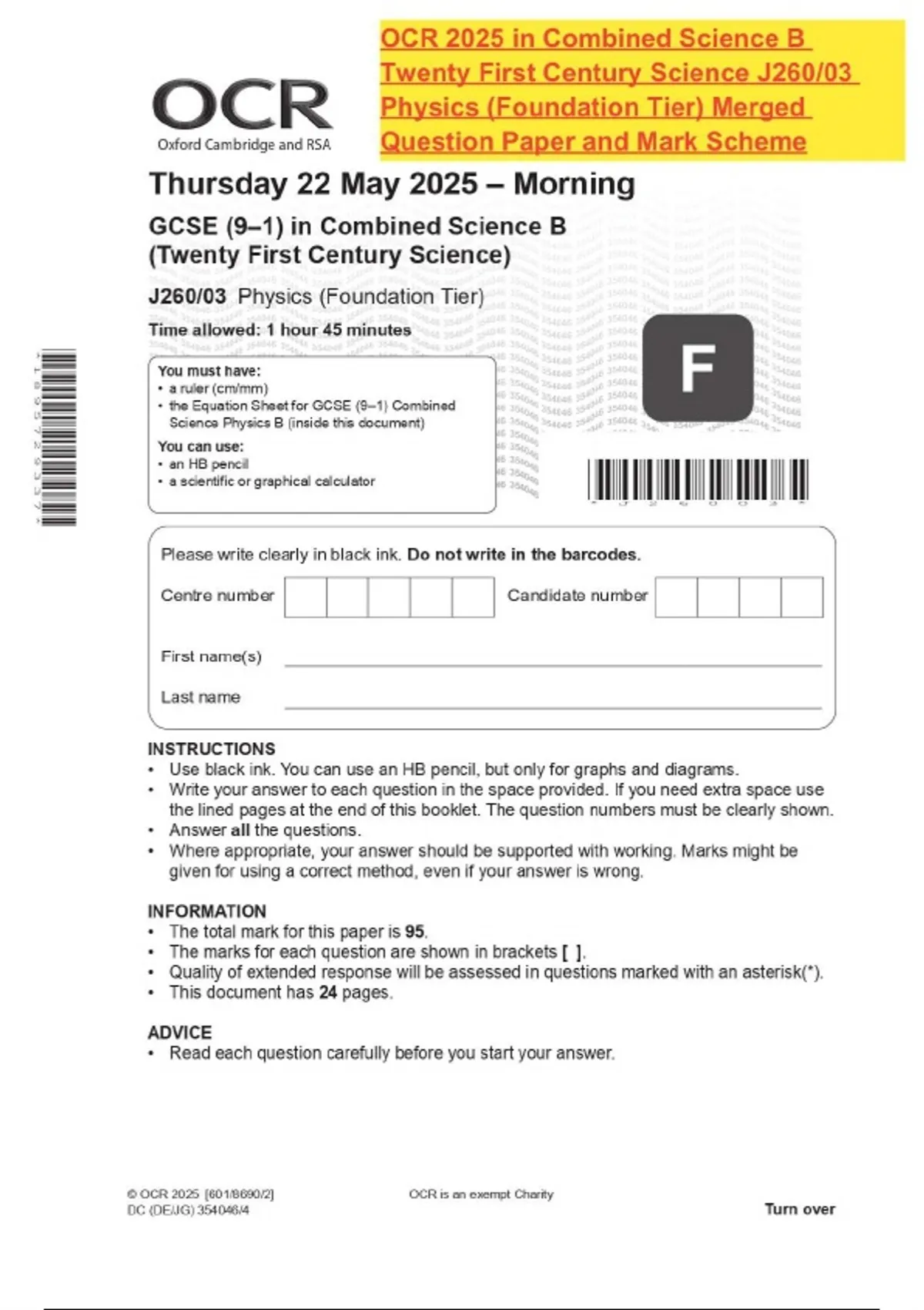 OCR 2025 in Combined Science B Twenty First Century Science J260/03 ...