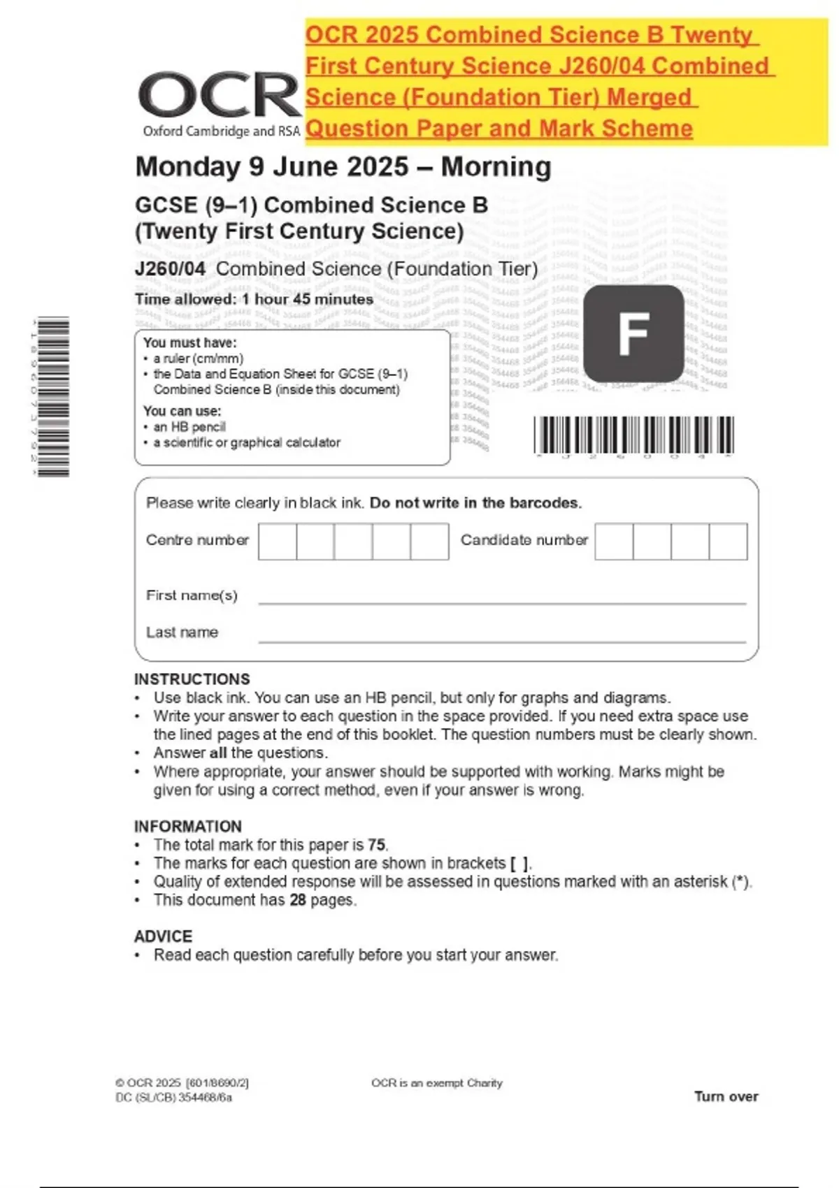 OCR 2025 Combined Science B Twenty First Century Science J260/04 ...