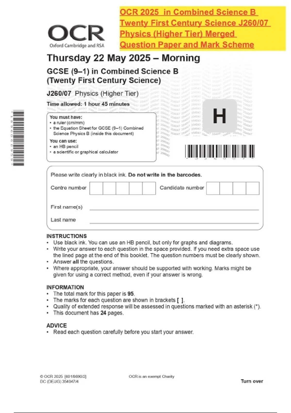 OCR 2025 in Combined Science B Twenty First Century Science J260/07 ...