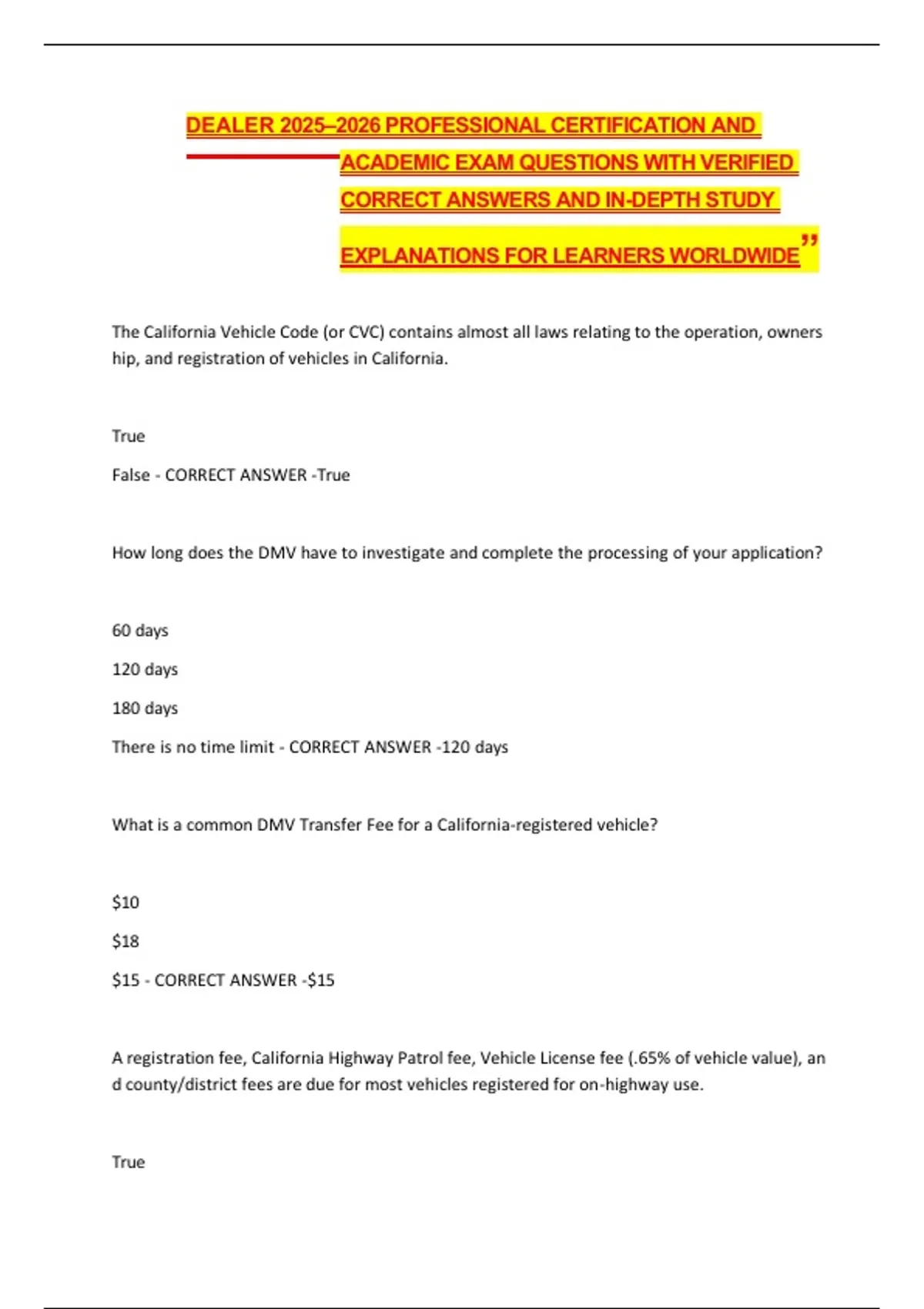 DEALER 2025–2026 PROFESSIONAL CERTIFICATION AND ACADEMIC EXAM QUESTIONS ...
