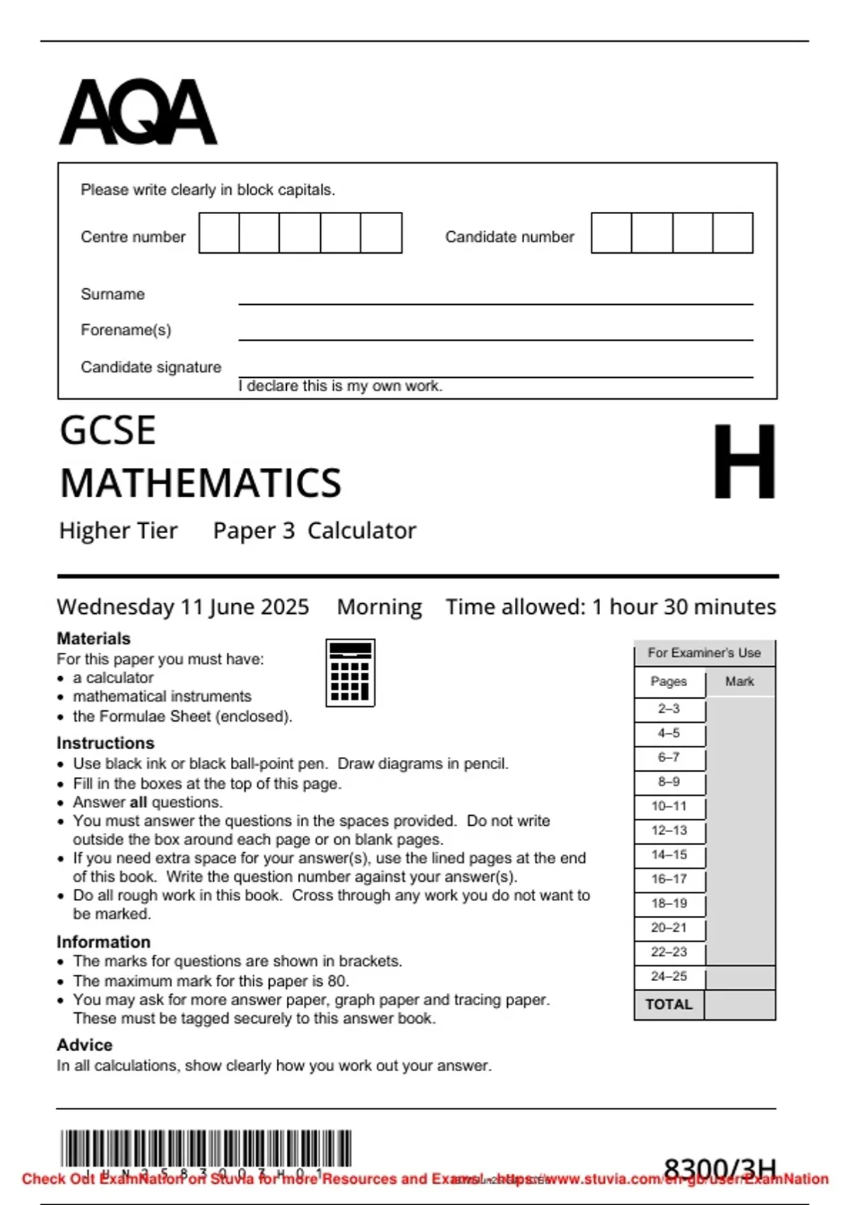 GCSE Mathematics AQA Paper 3 Higher 2025 - Mathematics - Stuvia UK