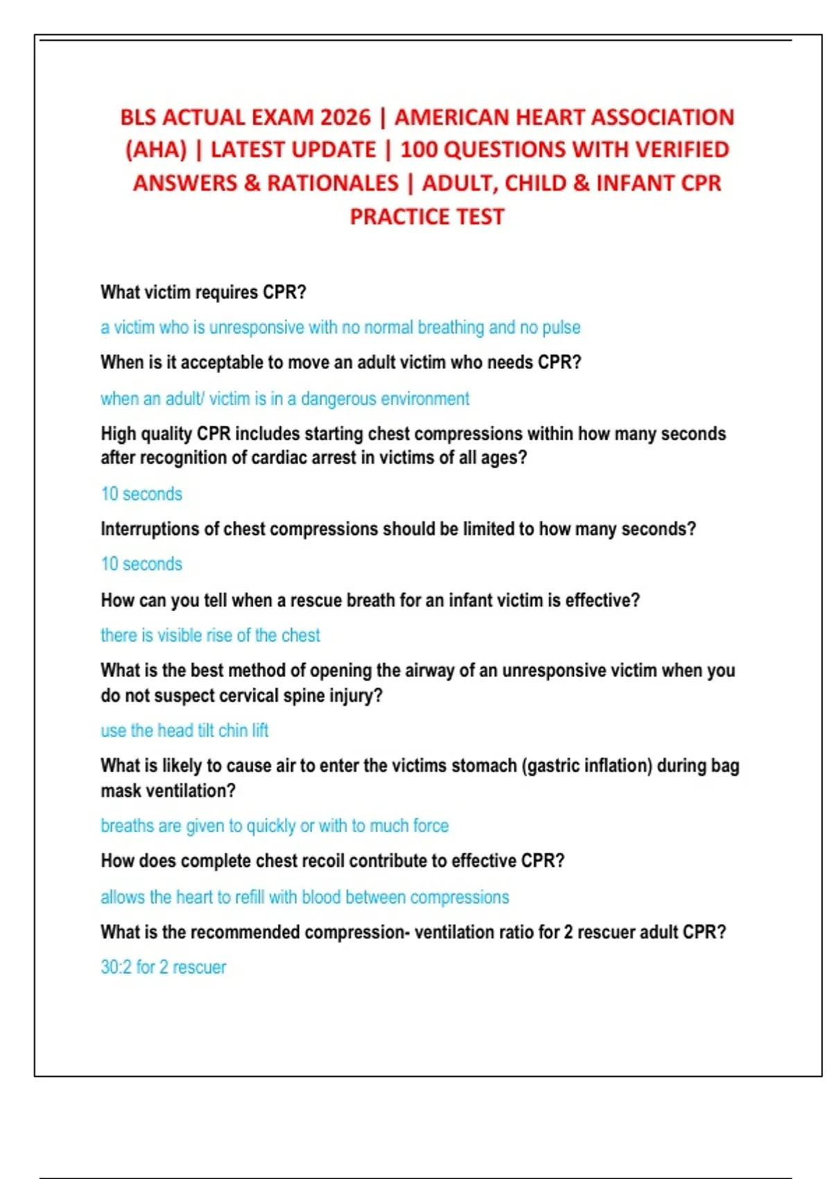 Basic Life Support (BLS) American Heart Association (AHA) Exam Practice ...