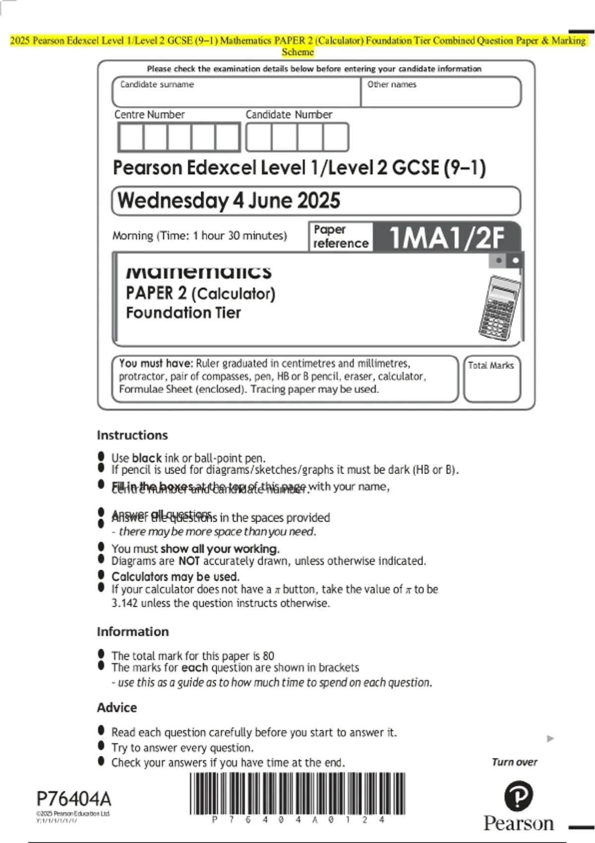 2025 Pearson Edexcel Level 1/Level 2 GCSE (9–1) Mathematics PAPER 2 ...
