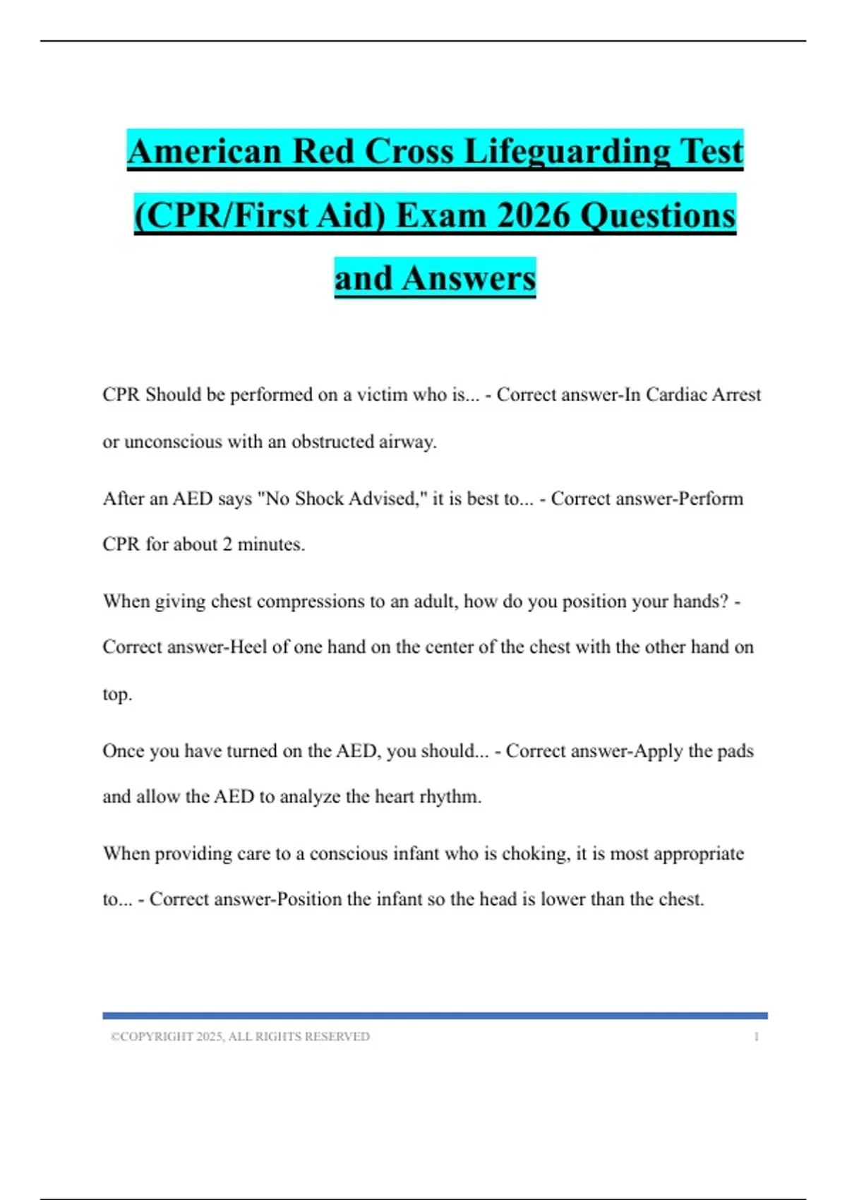 American Red Cross Lifeguarding Test (CPR/First Aid) Exam 2026 ...