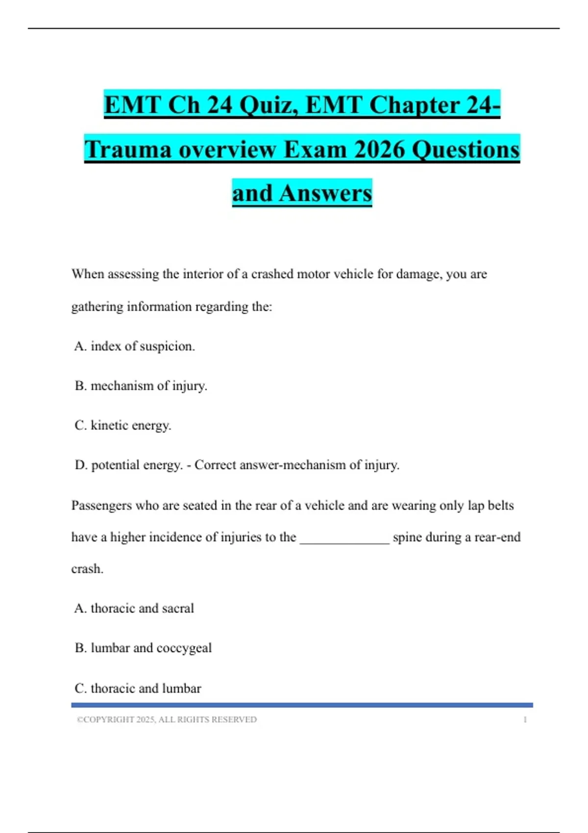 EMT Ch 24 Quiz, EMT Chapter 24- Trauma overview Exam 2026 Questions and ...