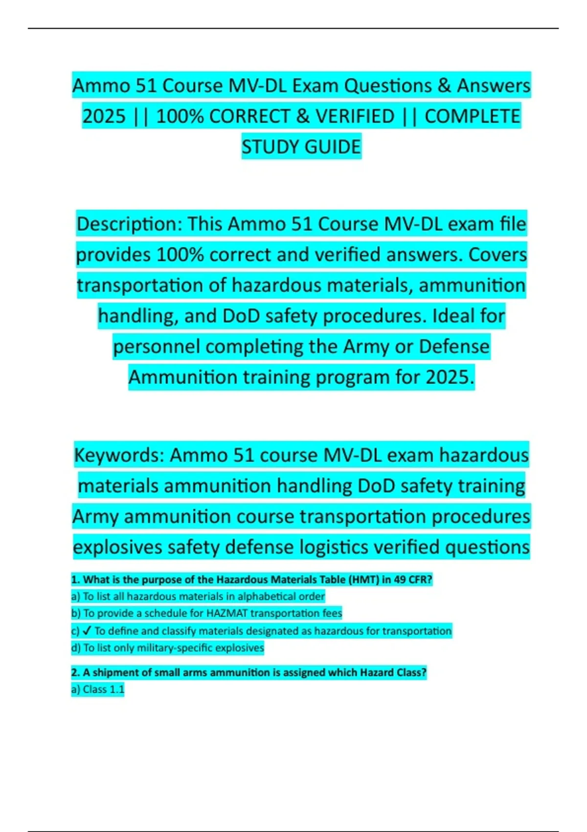 Ammo 51 Course MV-DL Exam Questions & Answers 2025 || 100% CORRECT ...