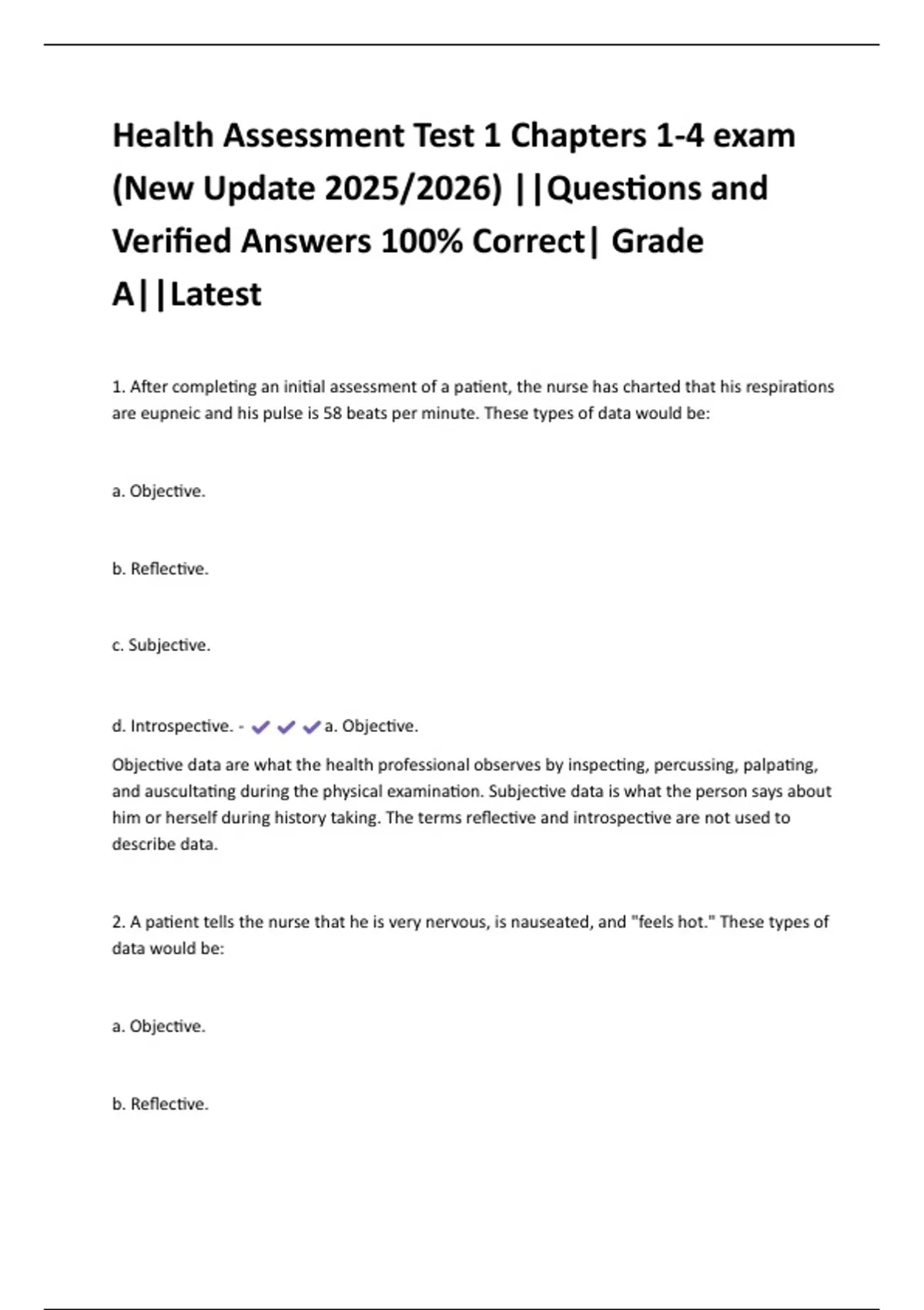 Health Assessment Test 1 Chapters 1-4 exam (New Update 2025/2026 ...