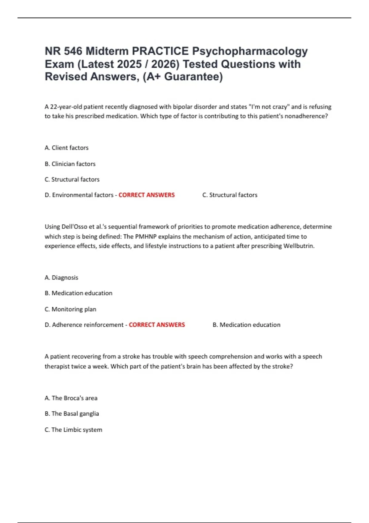Summary NR546 Psychopharm Midterm Exam Questions with Revised Answers ...