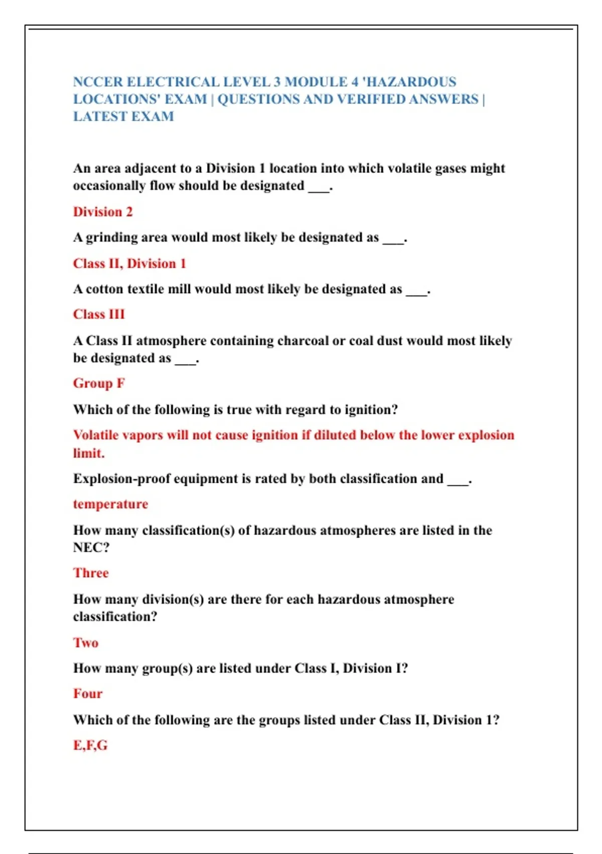 NCCER ELECTRICAL LEVEL 3 MODULE 4 'HAZARDOUS LOCATIONS' EXAM ...