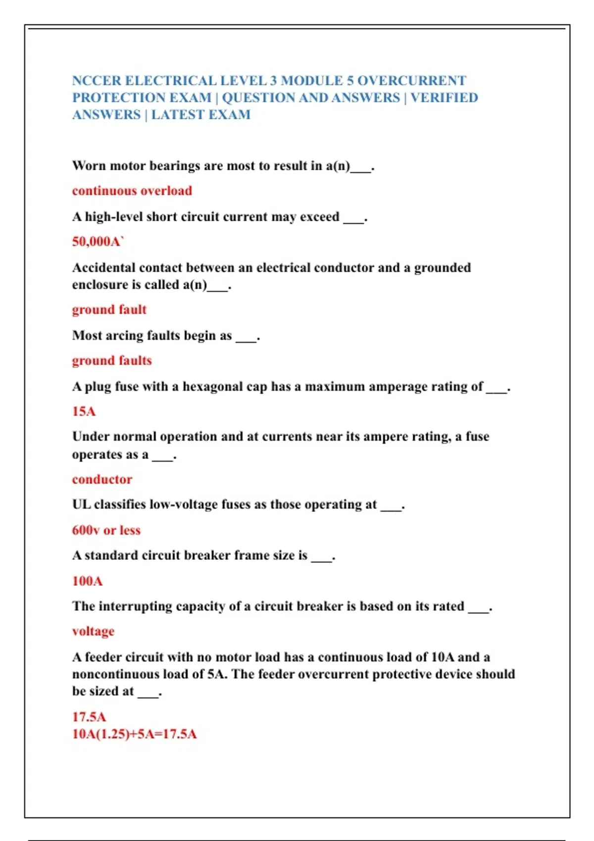 NCCER ELECTRICAL LEVEL 3 MODULE 5 OVERCURRENT PROTECTION EXAM ...