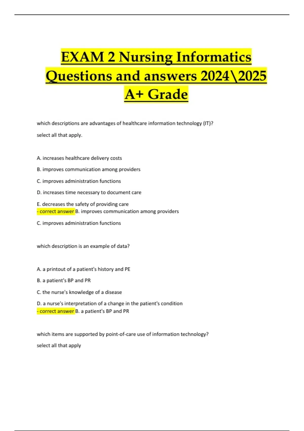 Exam 2 – Nursing Informatics | Verified Questions & Correct Answers ...