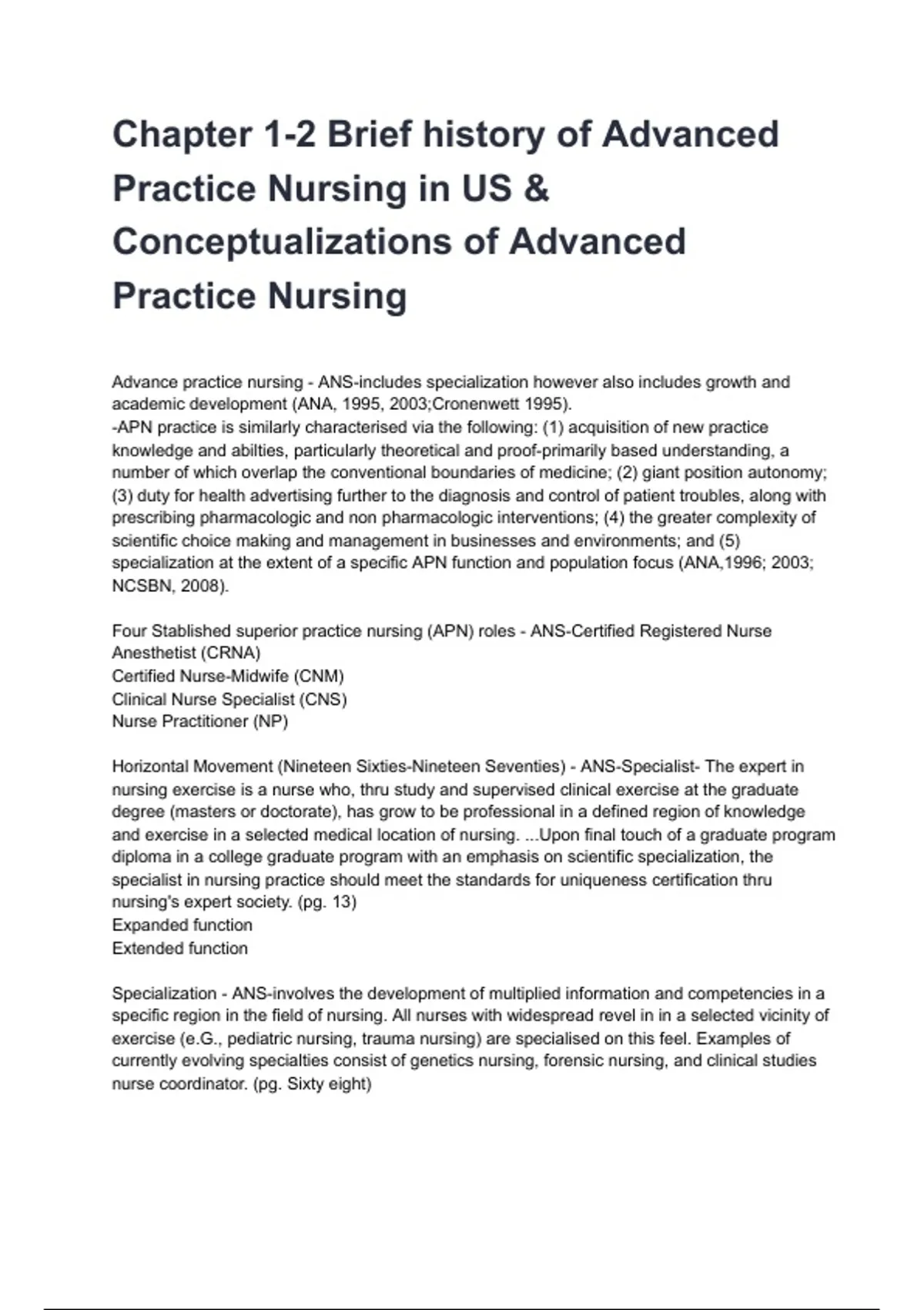 Chapter 1-2 Brief history of Advanced Practice Nursing in US ...