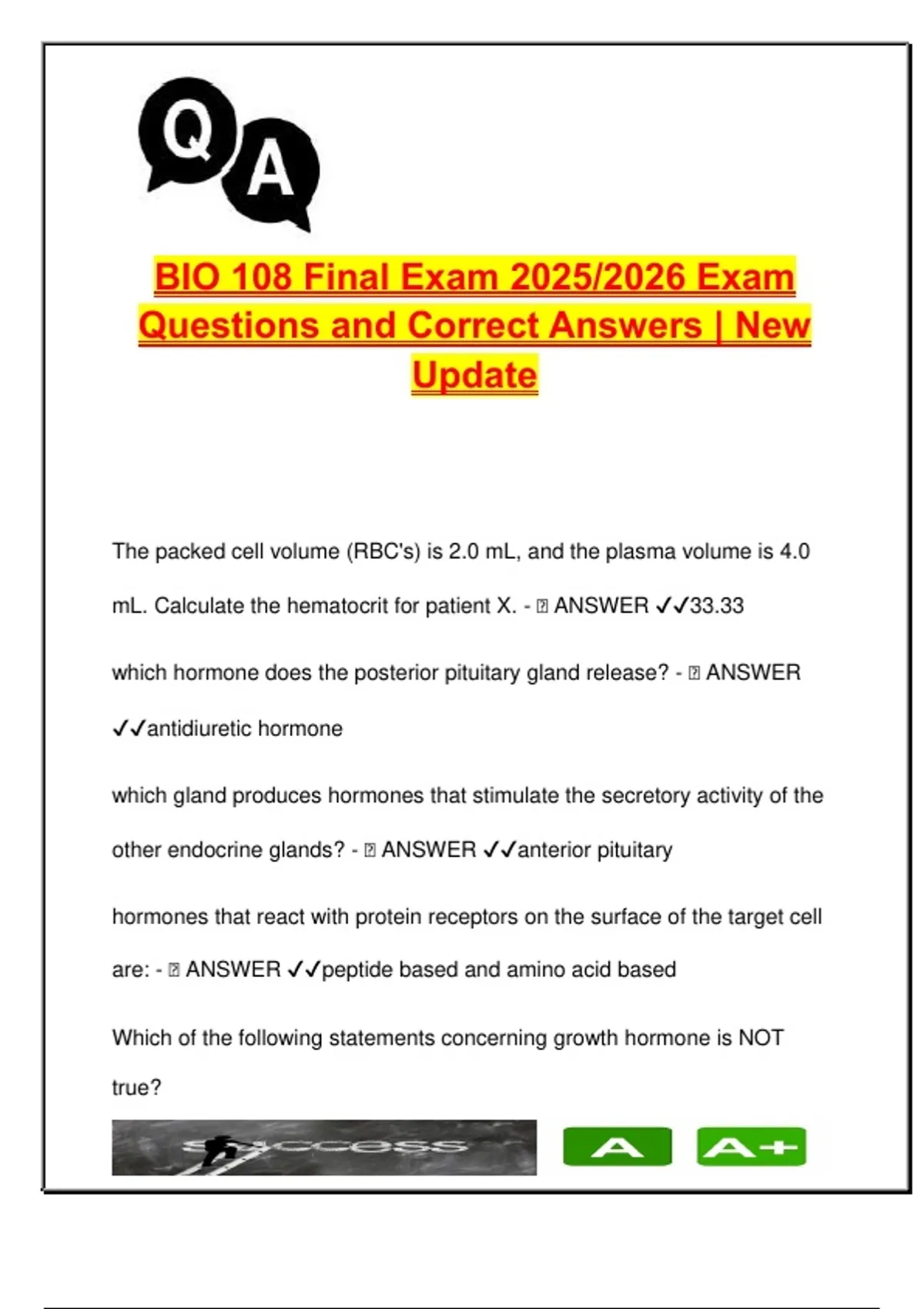 BIO 108 Final Exam (128 Questions) – Endocrine, Cardiovascular ...