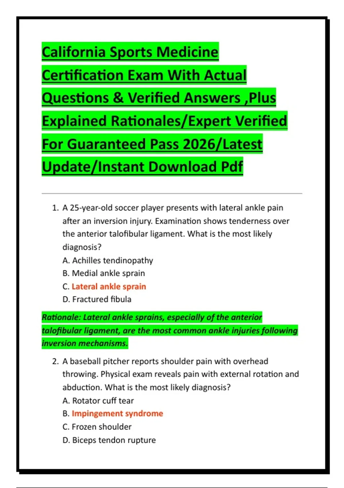 California Sports Medicine Certification Exam With Actual Questions ...