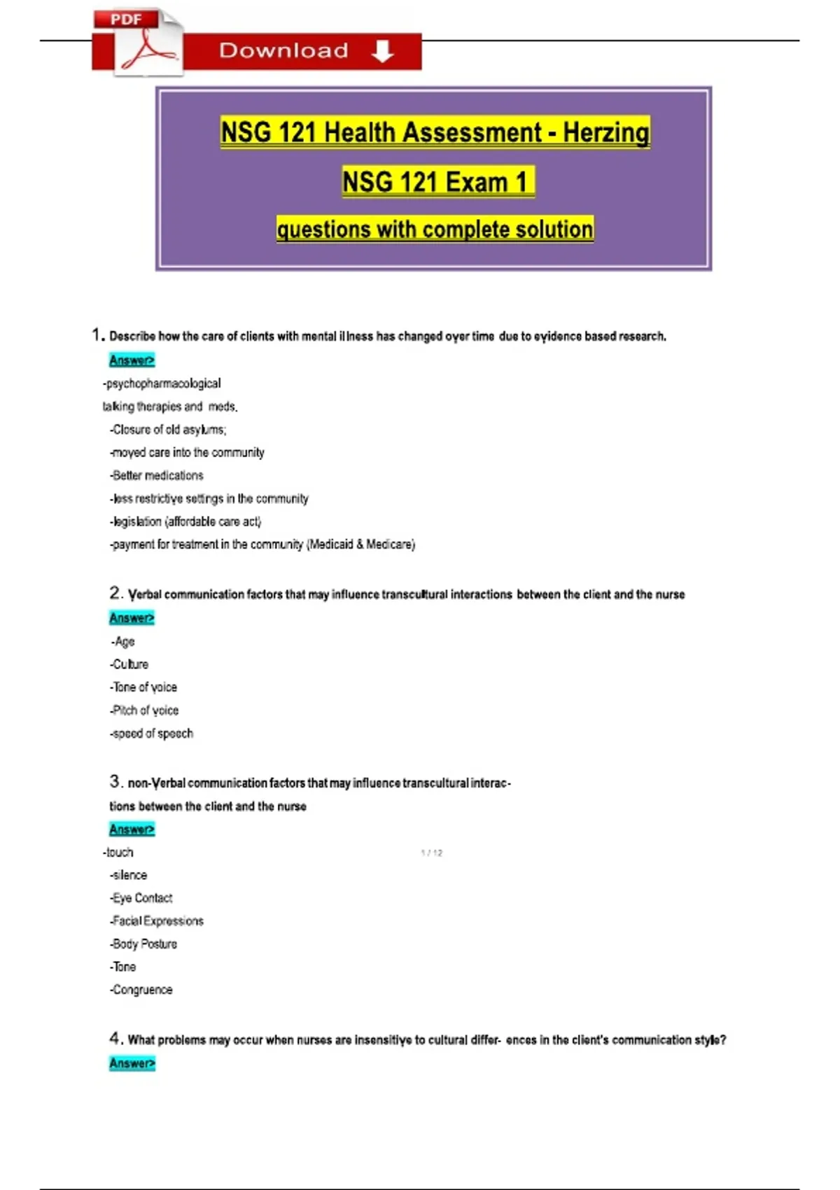 NSG 121 Exam 1 – Health Assessment (Herzing University 2026) – Actual ...