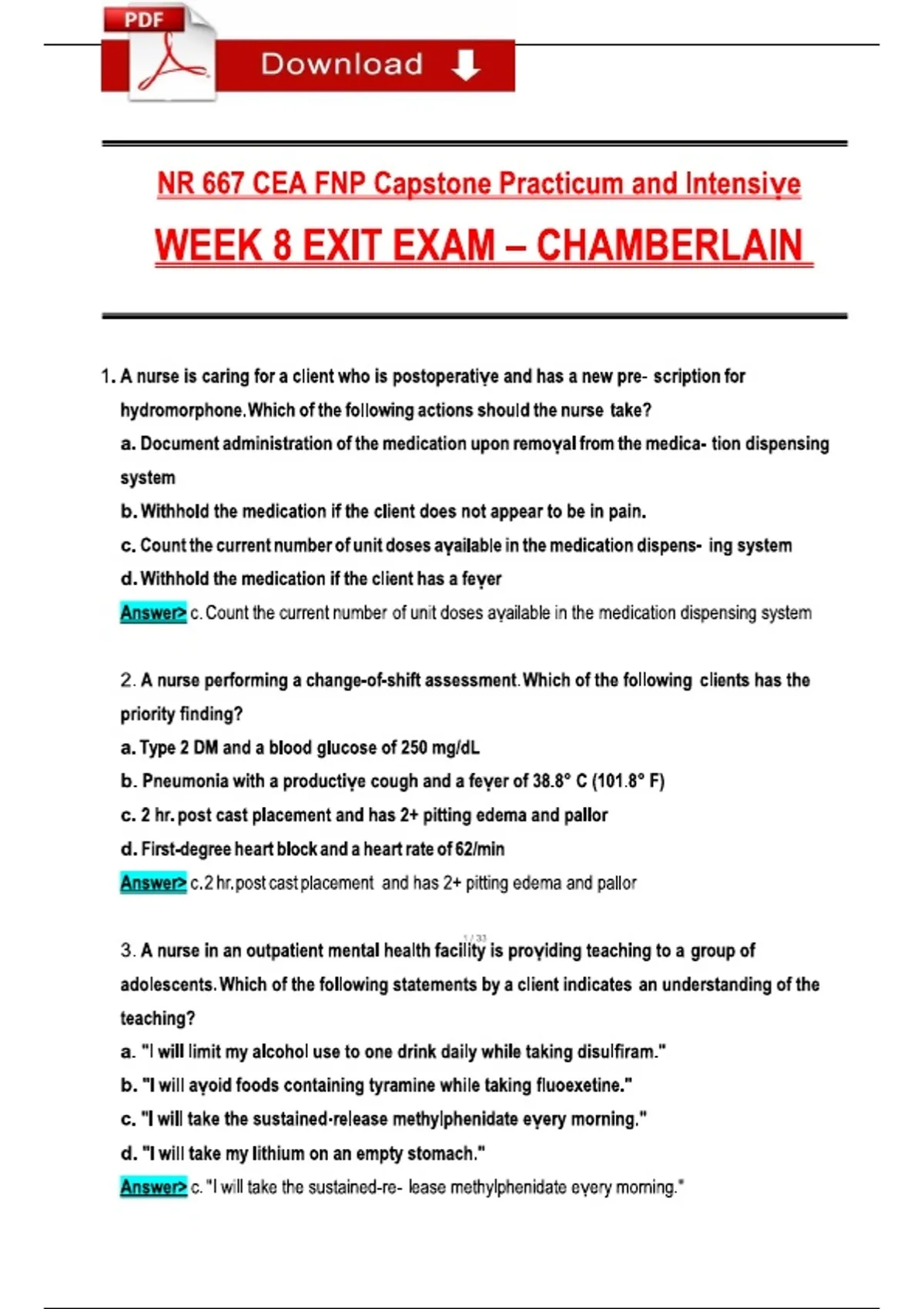 NR 667 CEA Week 8 Exit Exam – FNP Capstone Practicum and Intensive ...