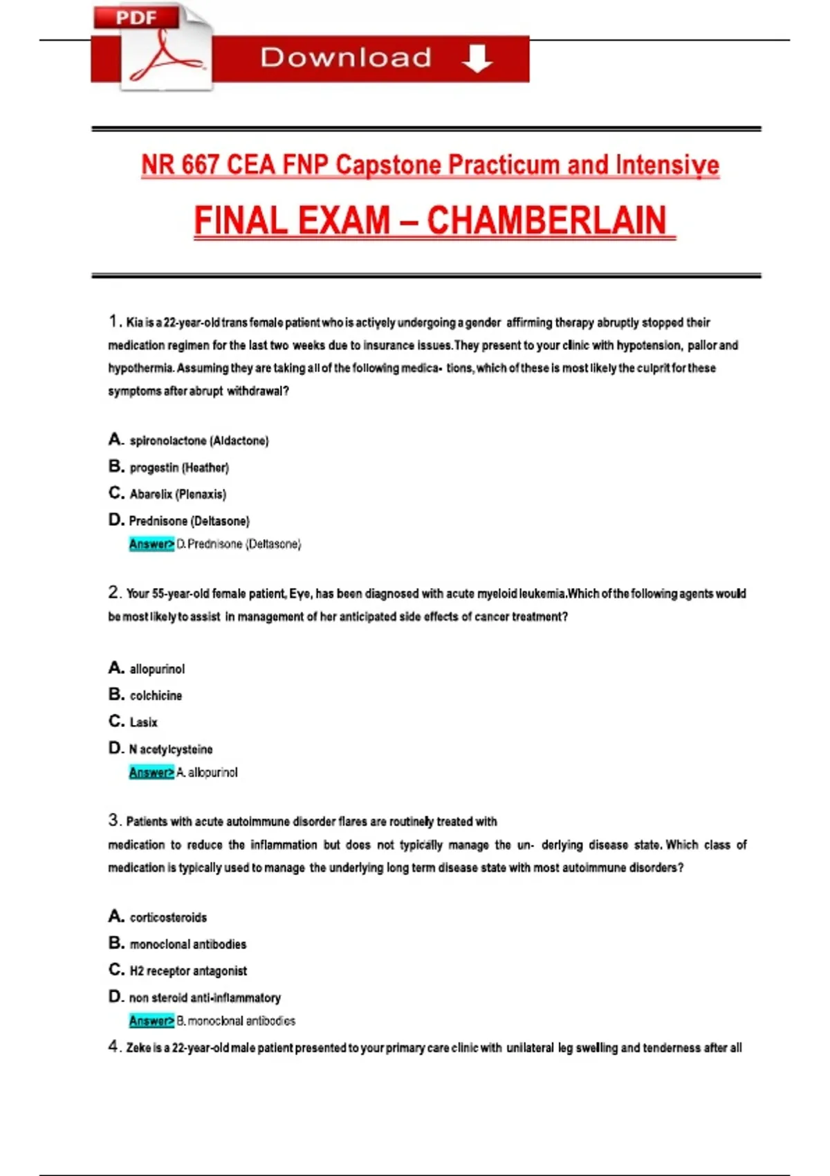 NR 667 CEA Final Exam – FNP Capstone Practicum and Intensive ...