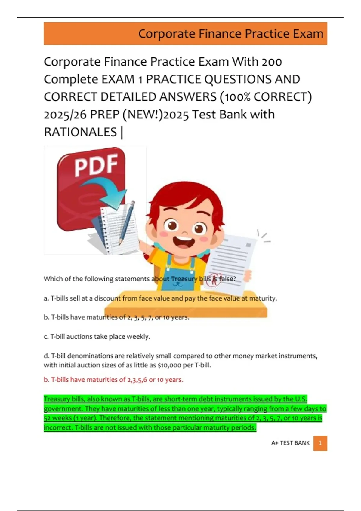 Corporate Finance Practice Exam With 200 Complete EXAM 1 PRACTICE ...