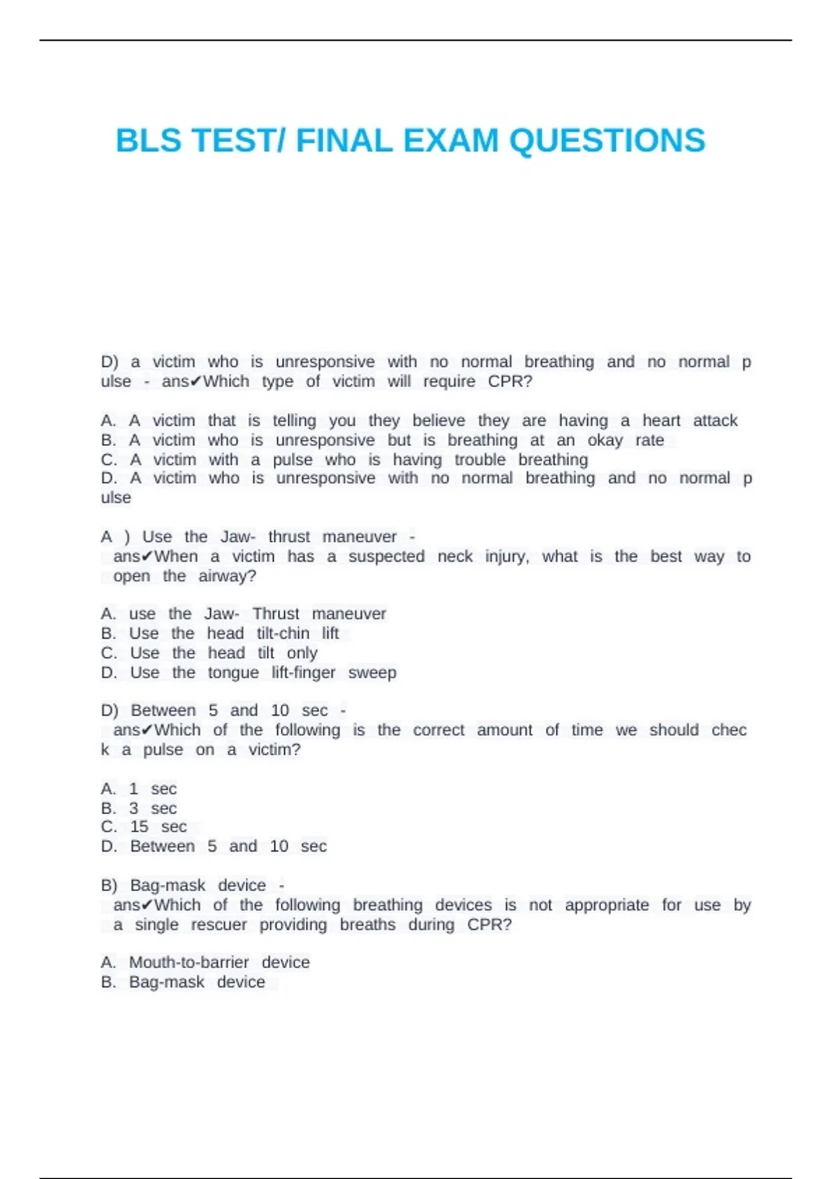 BLS TEST/ FINAL EXAM QUESTIONS - BLS 2025 - Stuvia US