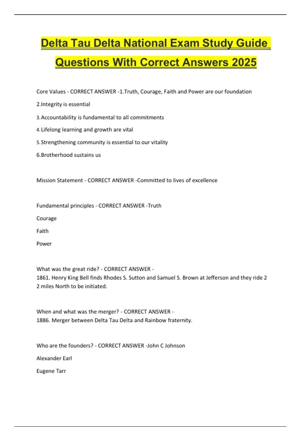 Delta Tau Delta National Exam Study Guide Questions with Correct ...