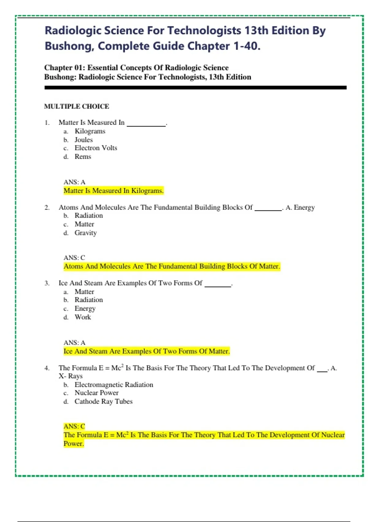 Test Bank for Radiologic Science for Technologists 13th Edition By ...