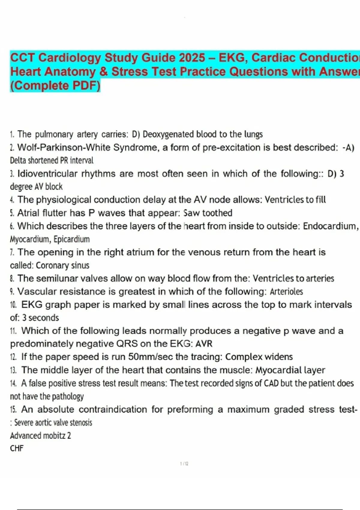 CCT Cardiology Study Guide 2025 – EKG, Cardiac Conduction, Heart ...