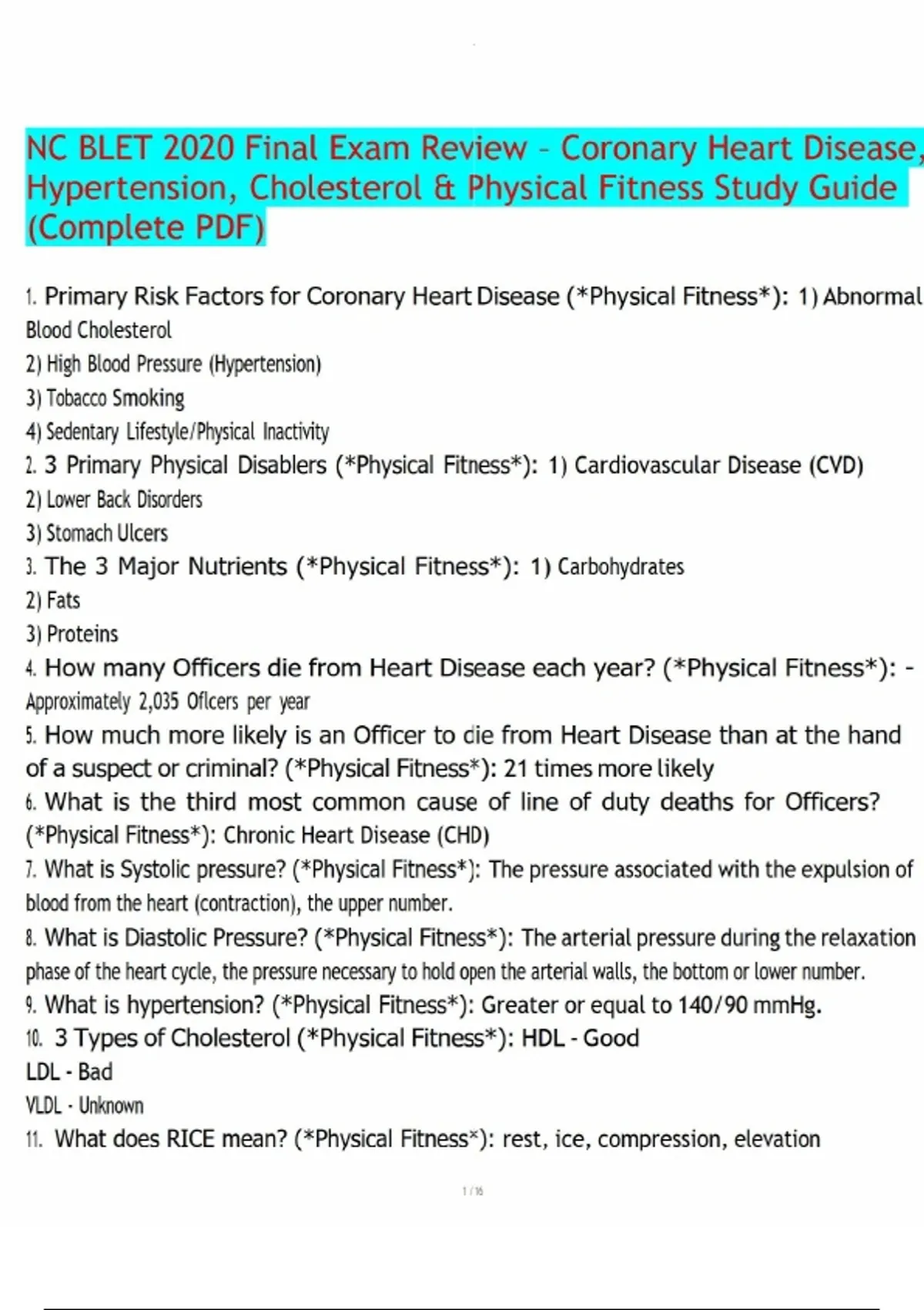 NC BLET 2020 Final Exam Review – Coronary Heart Disease, Hypertension, Cholesterol & Physical ...