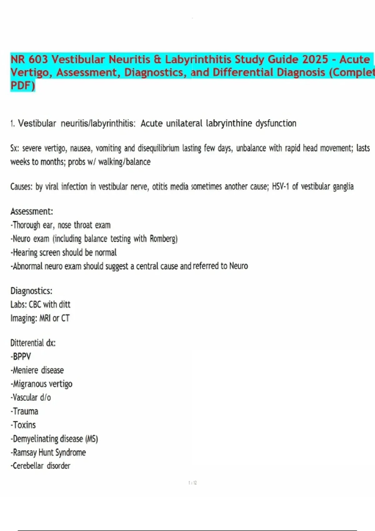 NR 603 Vestibular Neuritis & Labyrinthitis Study Guide 2025 – Acute ...