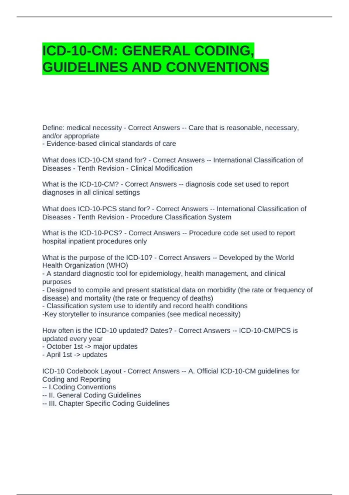 ICD-10-CM GENERAL CODING, GUIDELINES AND CONVENTIONS EXAM QUESTIONS ...