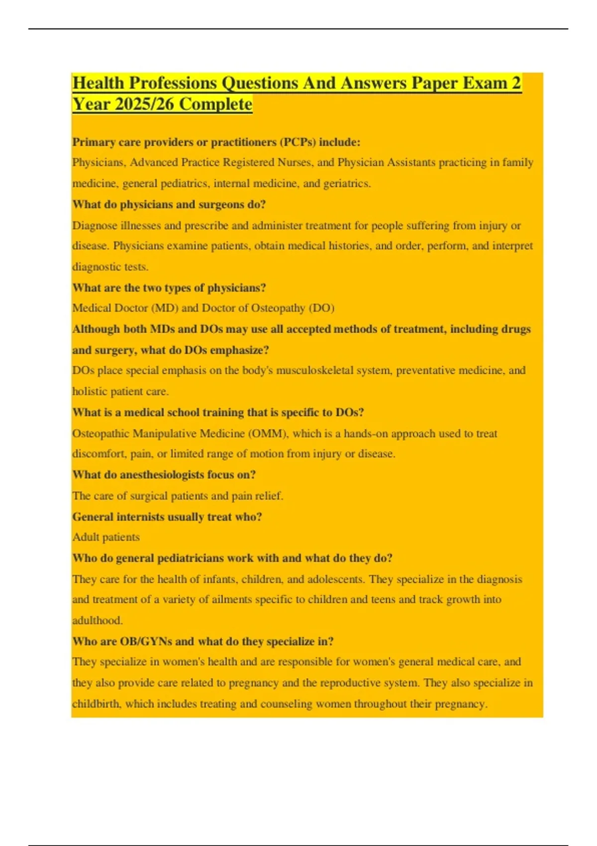 Health Professions Questions And Answers Paper Exam 2 Year 2025/26 ...