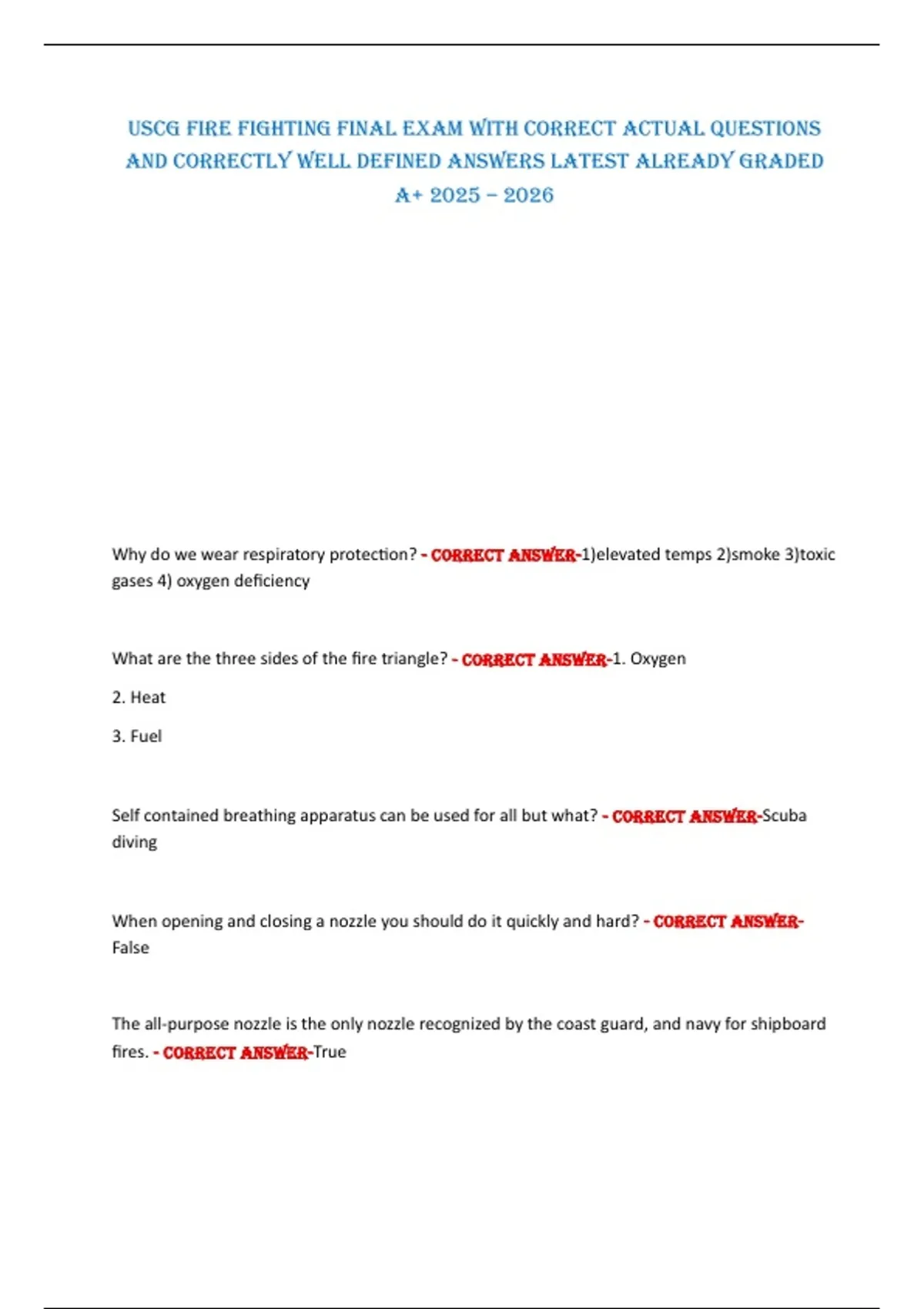 USCG FIRE FIGHTING FINAL EXAM WITH CORRECT ACTUAL QUESTIONS AND ...