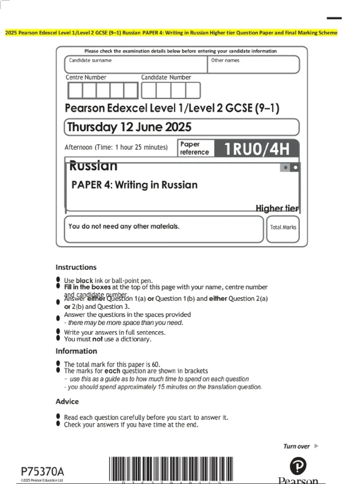 2025 Pearson Edexcel Level 1/Level 2 GCSE (9–1) Russian PAPER 4 ...