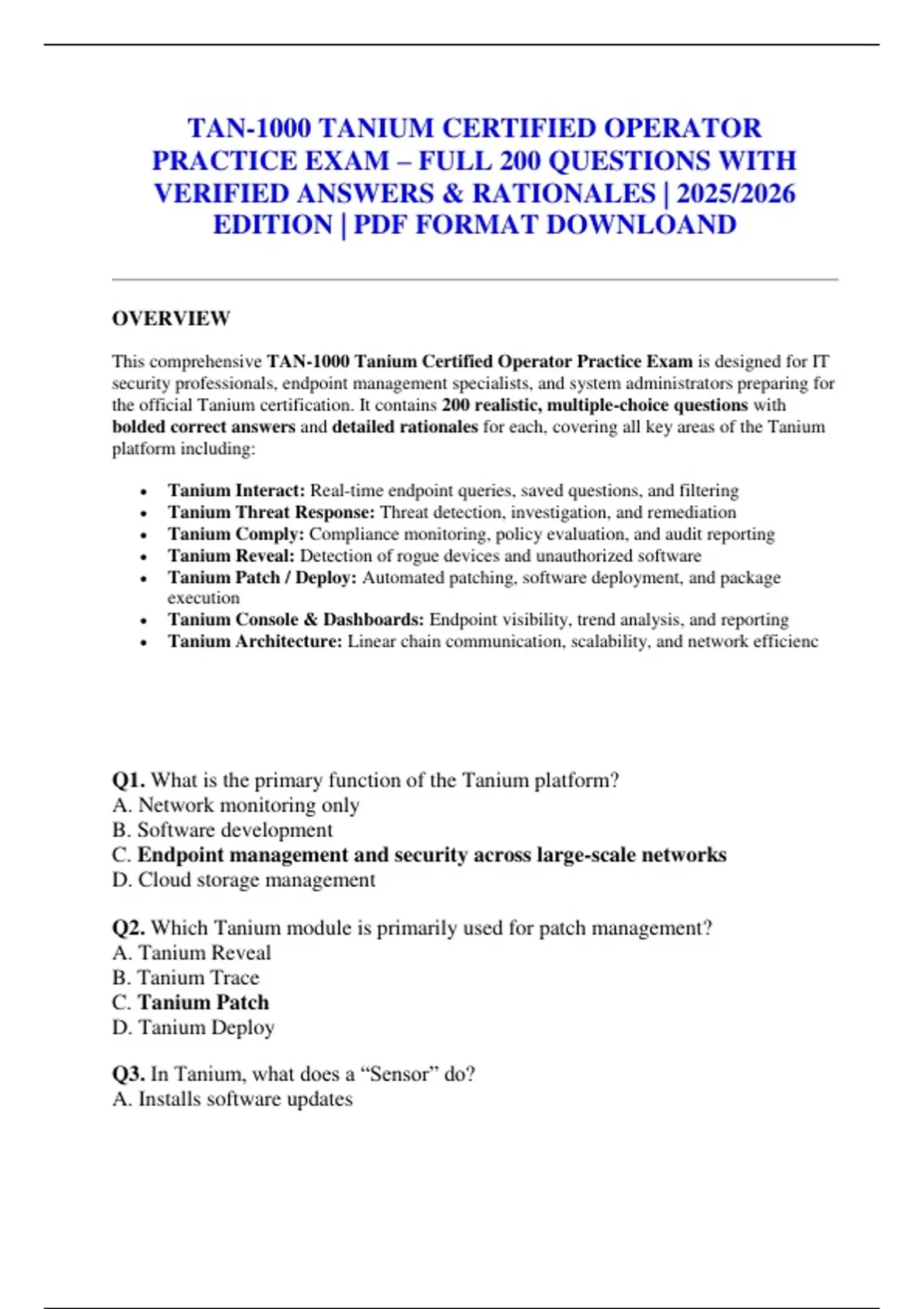 TAN-1000 TANIUM CERTIFIED OPERATOR PRACTICE EXAM – FULL 200 QUESTIONS ...
