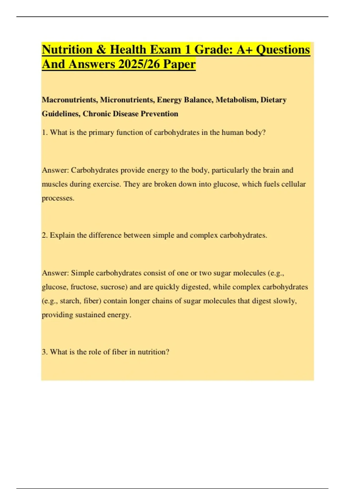 Nutrition & Health Exam 1 Grade: A+ Questions And Answers 2025/26 Paper ...