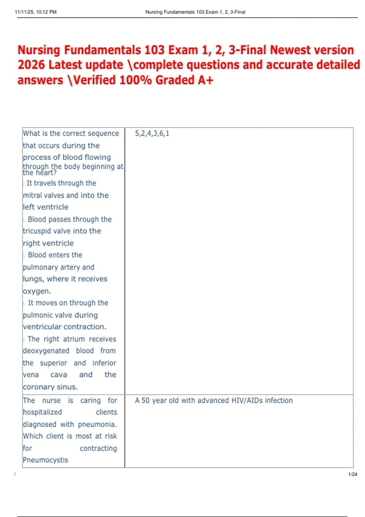 Nursing Fundamentals 103 Exam 1, 2, 3-Final Newest version 2026 Latest ...