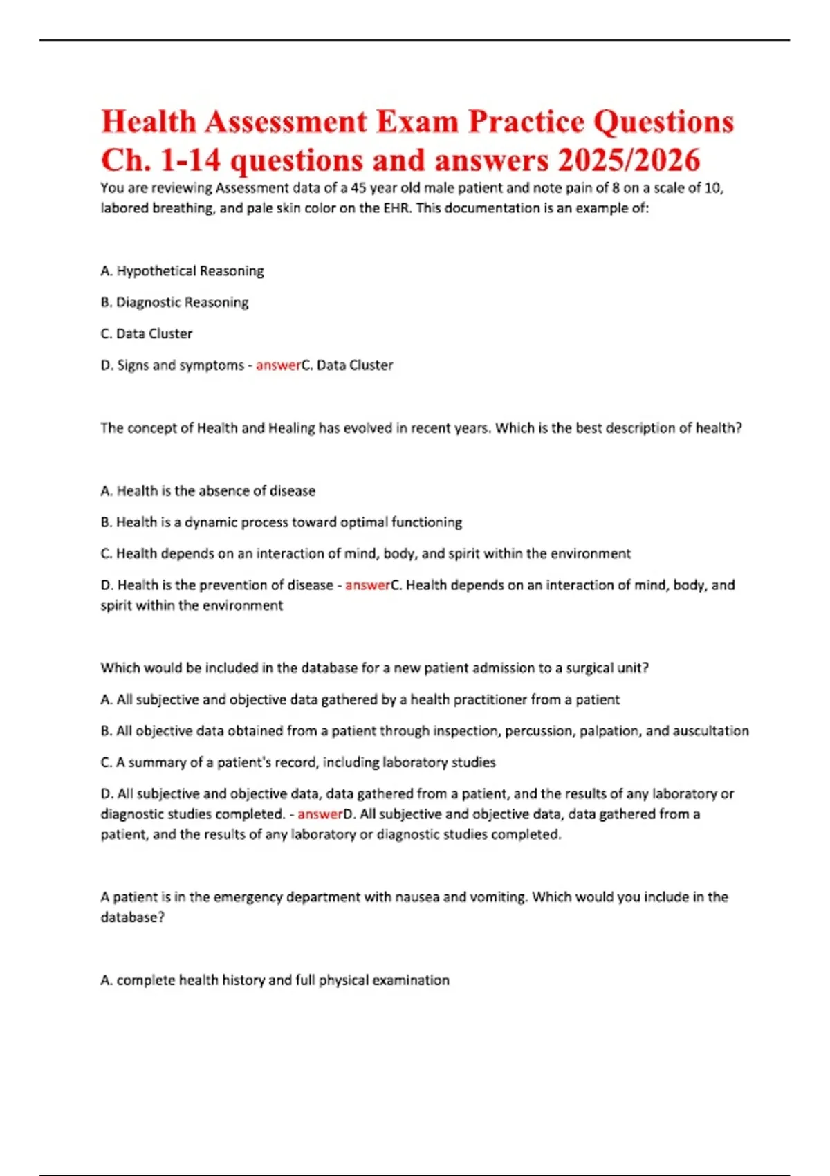 Health Assessment Exam Practice Questions Ch. 1-14 questions and ...