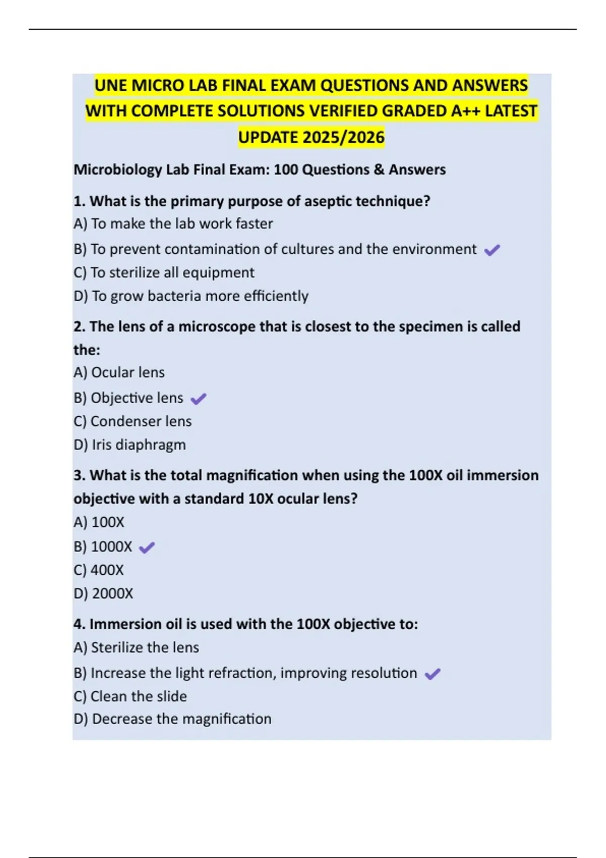 UNE MICRO LAB FINAL EXAM QUESTIONS AND ANSWERS WITH COMPLETE SOLUTIONS ...