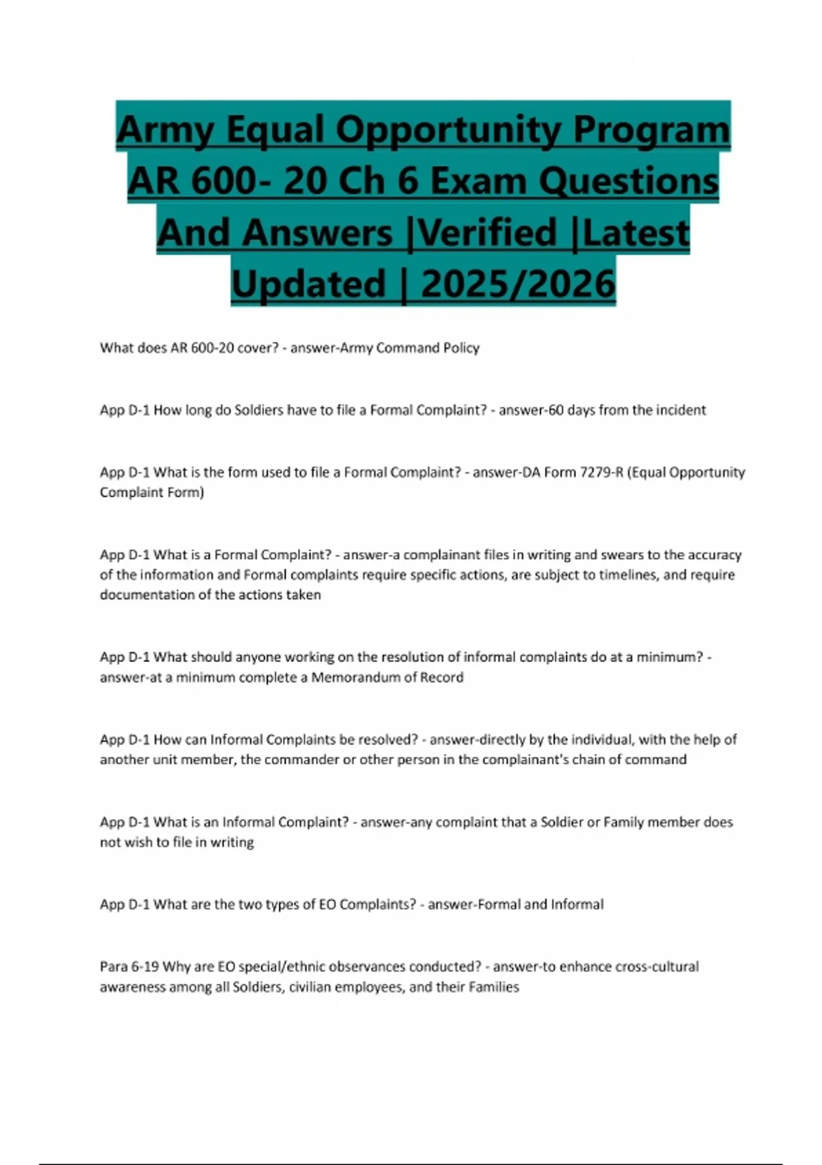 Army Equal Opportunity Program AR 600- 20 Ch 6 Exam Questions And ...