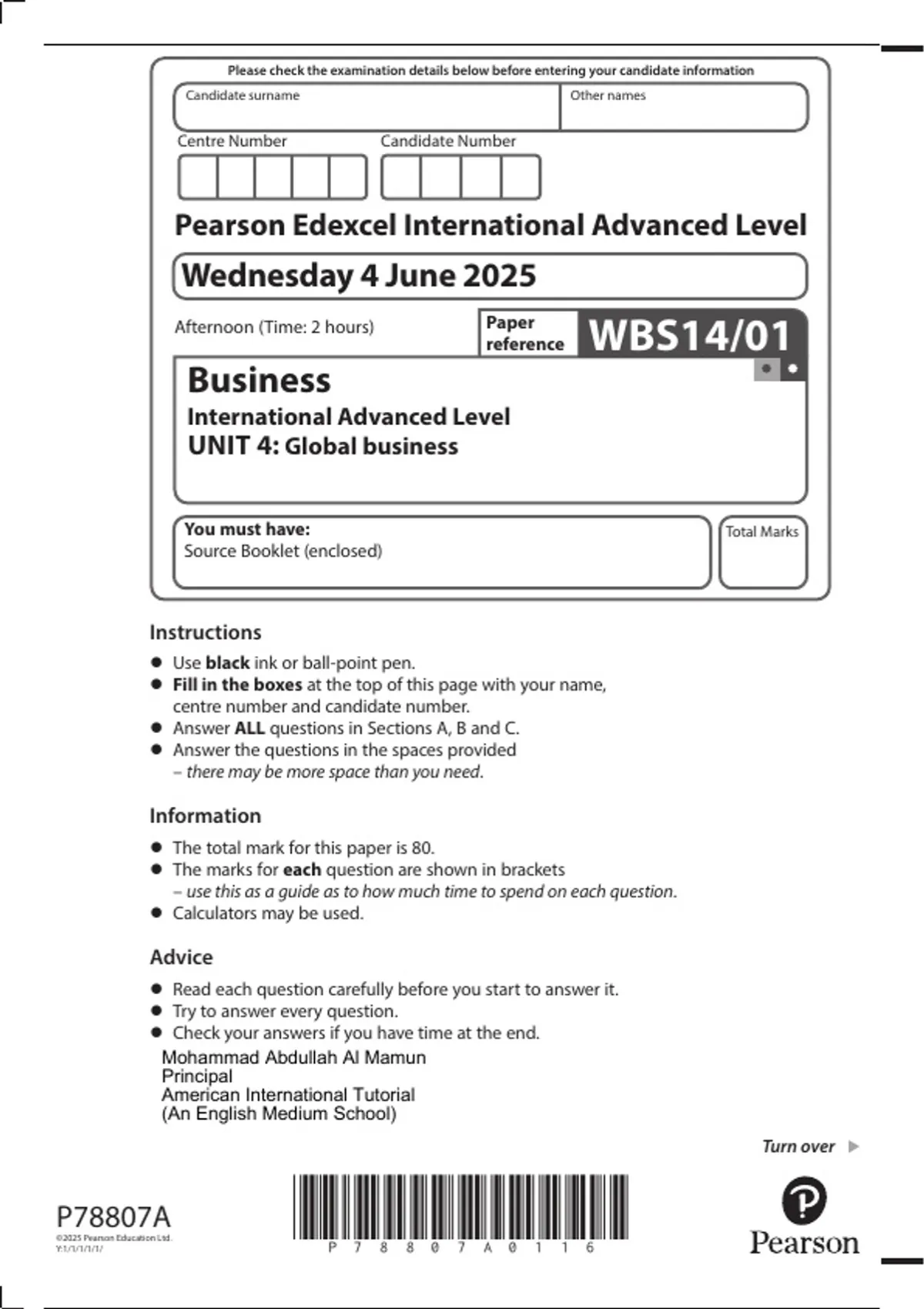 Pearson Edexcel International Advanced Level Business UNIT 4 JUNE 2025 ...