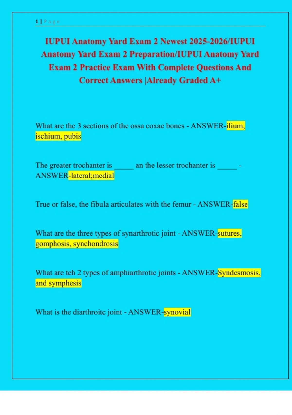 IUPUI Anatomy Yard Exam 2 Newest /IUPUI Anatomy Yard Exam 2 Preparation ...