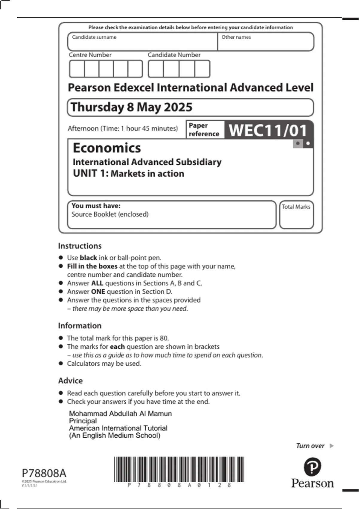 Pearson Edexcel International Advanced Level Economics UNIT 1 JUNE 2025 ...