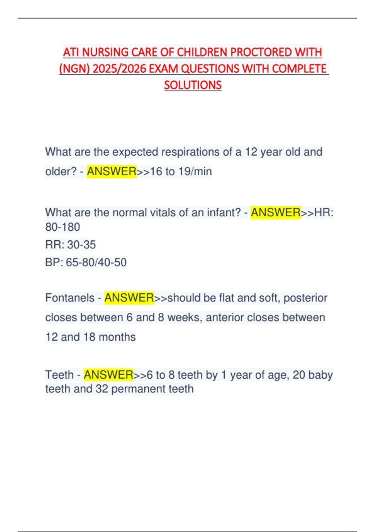 ATI NURSING CARE OF CHILDREN PROCTORED WITH (NGN) 2025/2026 EXAM ...