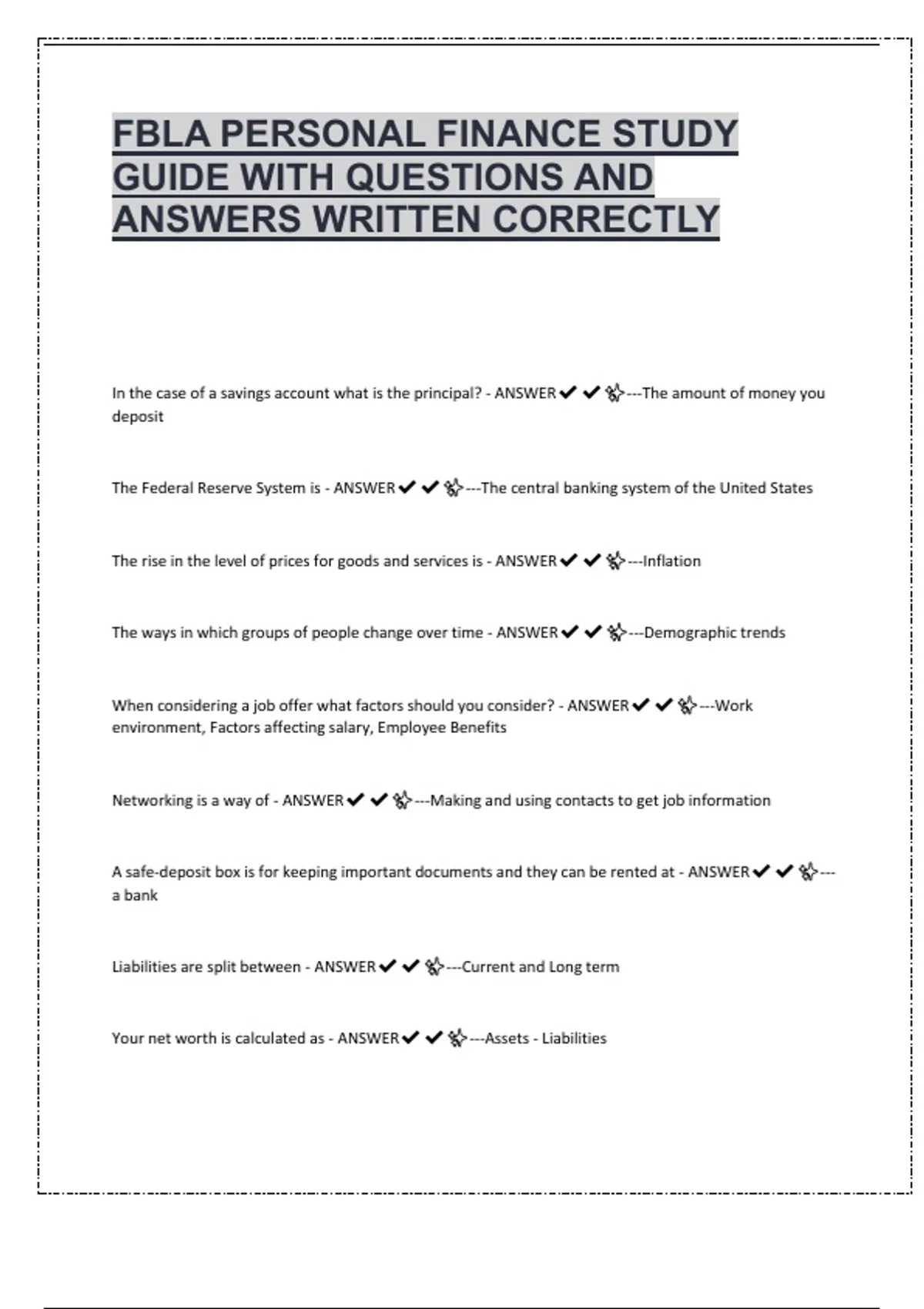 FBLA Personal Finance Study Guide 2025 | Correct Questions and Verified ...