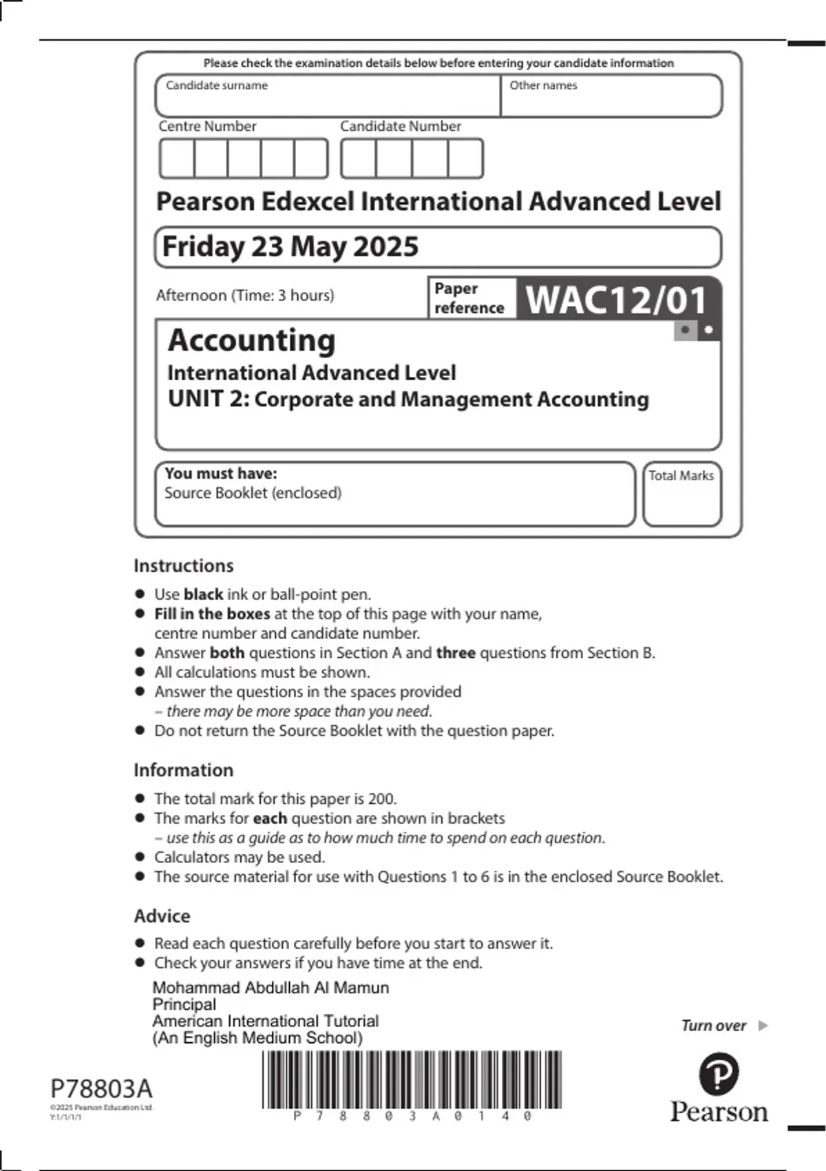 Pearson Edexcel International Advanced Level Accounting UNIT 2 MAY 2025 ...