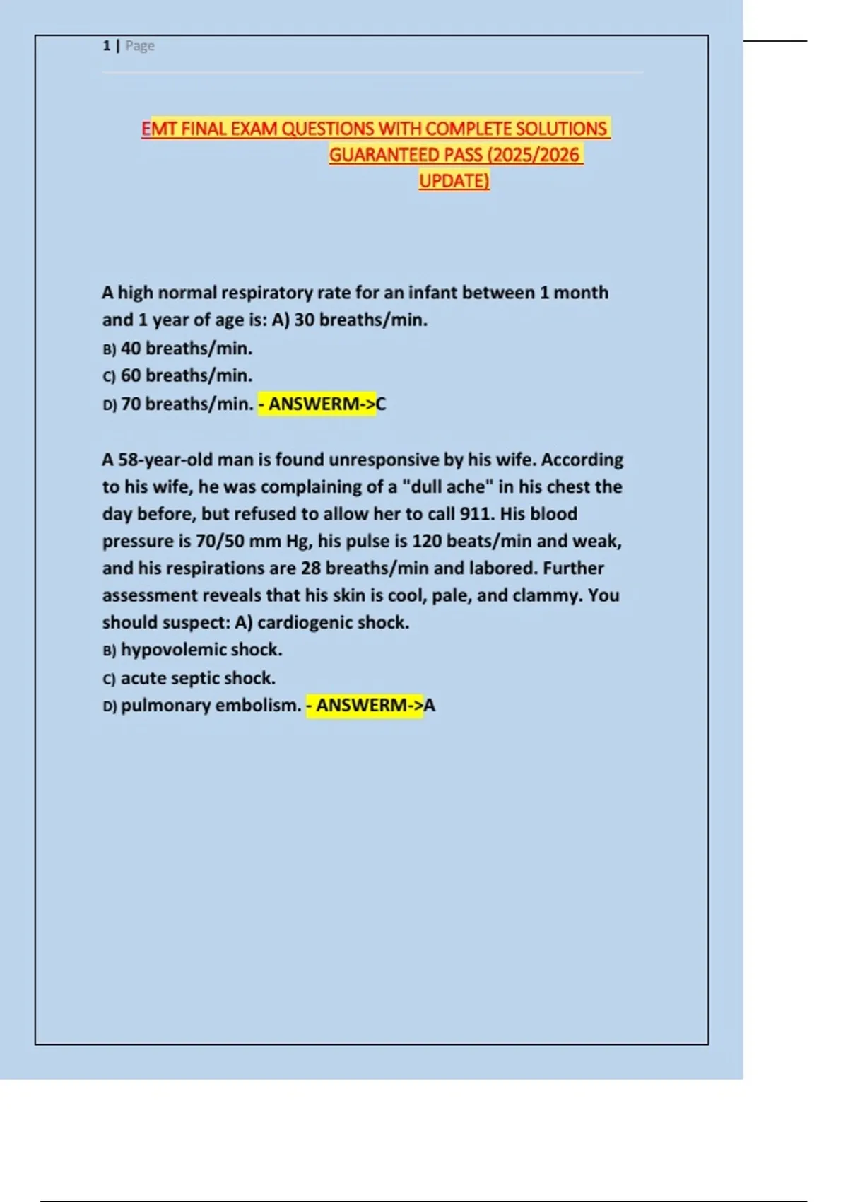 EMT FINAL EXAM QUESTIONS WITH COMPLETE SOLUTIONS GUARANTEED PASS (2025/ ...