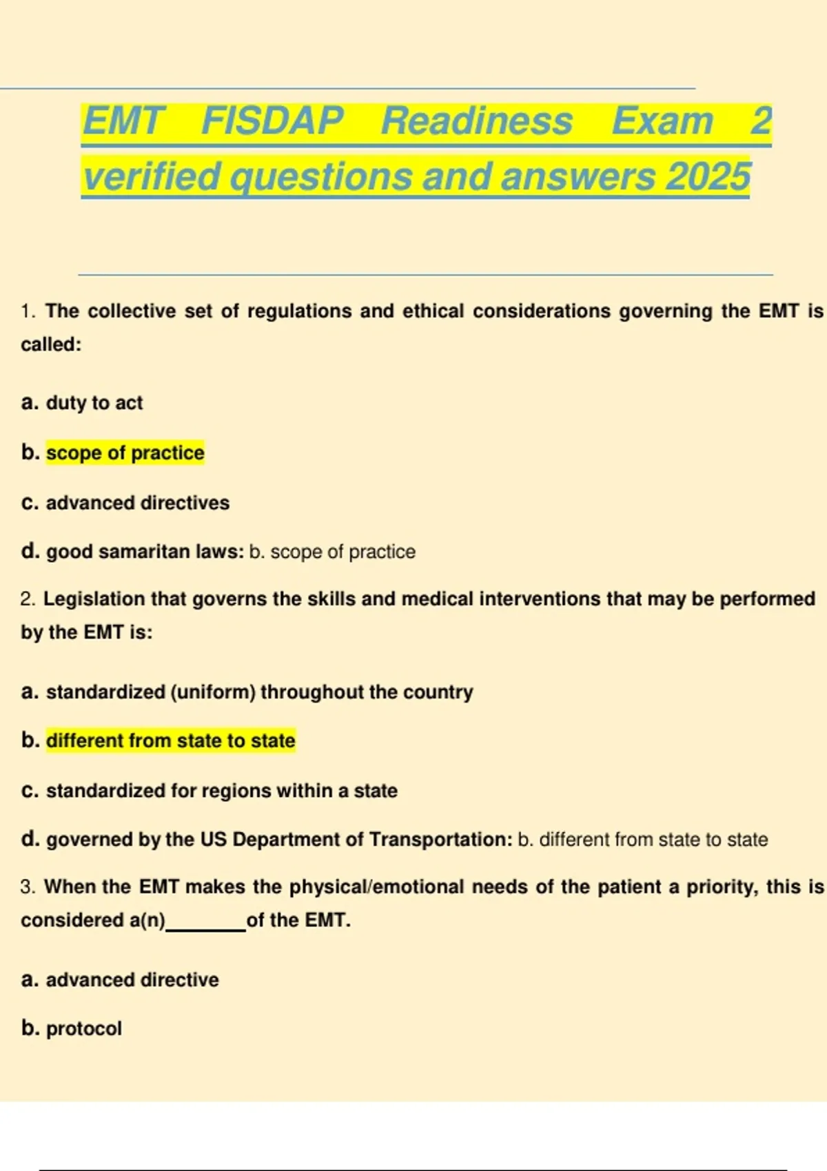 EMT FISDAP Readiness Exam 2 | Verified Questions and Answers 2025/2026 ...
